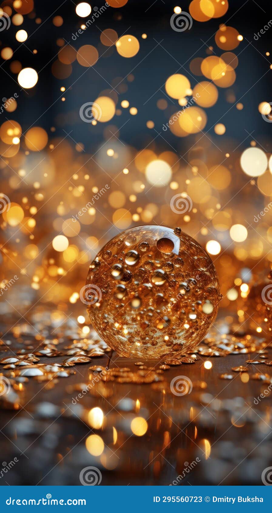 An Amber Ball with Bubbles Inside among Golden Confetti. Vertical Stock ...