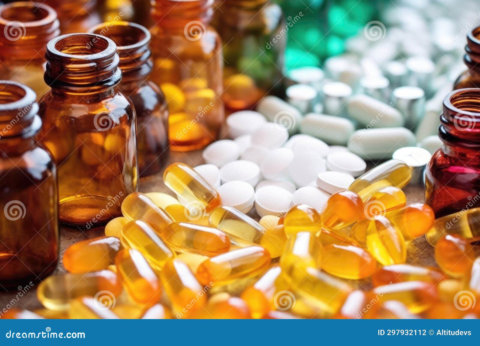 Amber Pharmacy Bottles Filled with Several Types of Tablets Stock ...
