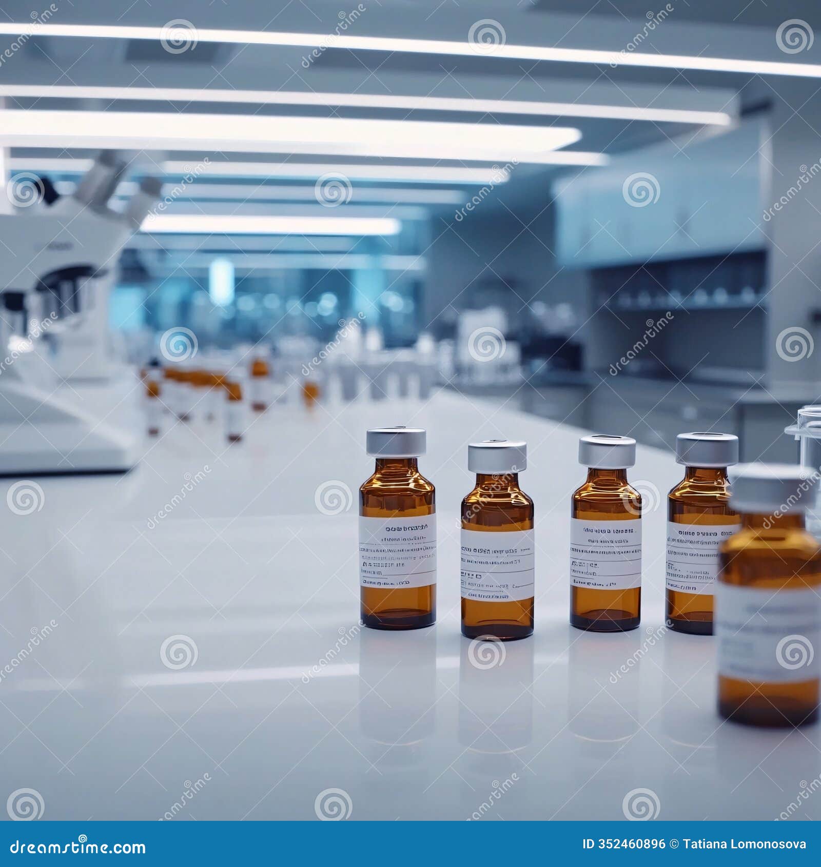 Amber Vials on Lab Counter with Microscope in Modern Laboratory Stock ...