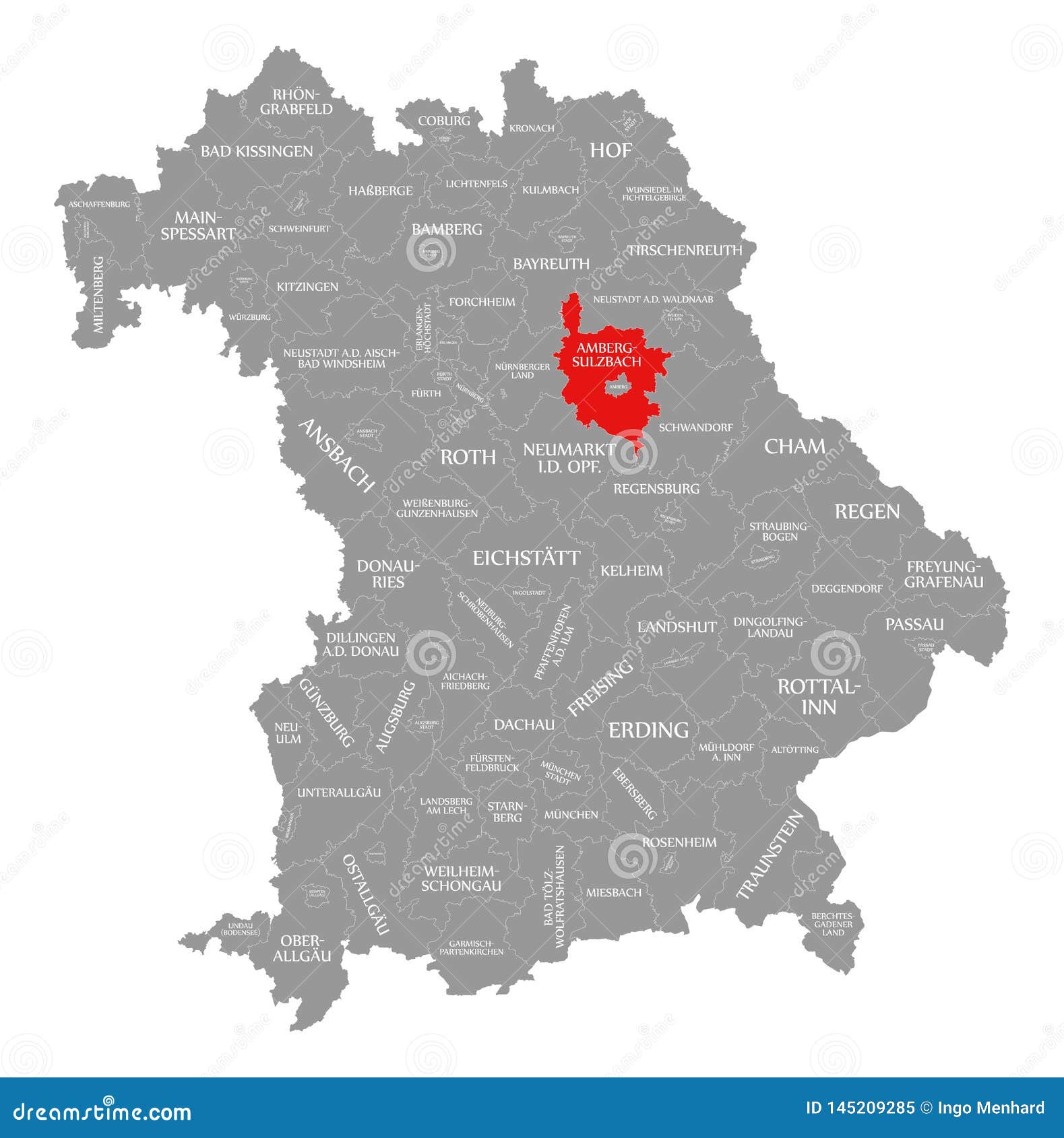Amberg-Sulzbach County Red Highlighted in Map of Bavaria Germany Stock ...
