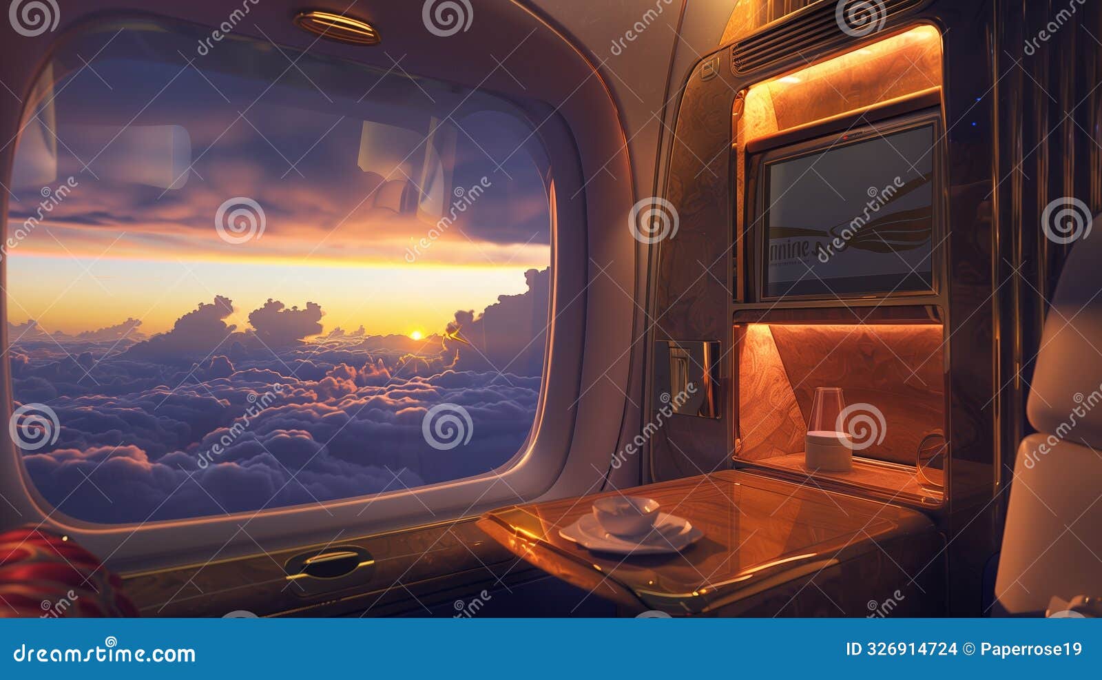 Ambient Lighting and Cloudy Sunset in Emirates First Class Cabin Stock ...