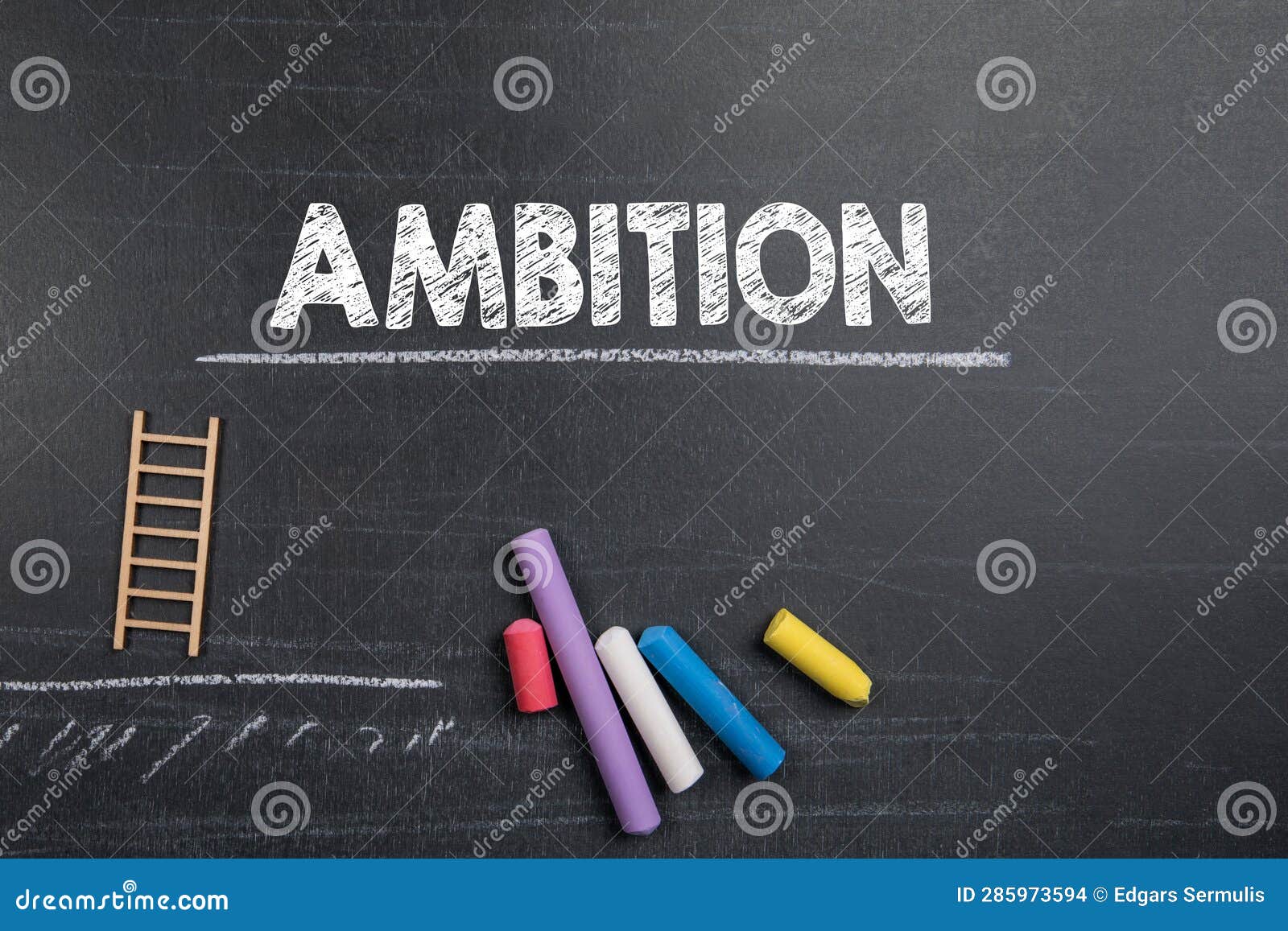 AMBITION Concept. Colored Pieces of Chalk and Text on a Dark Chalkboard ...