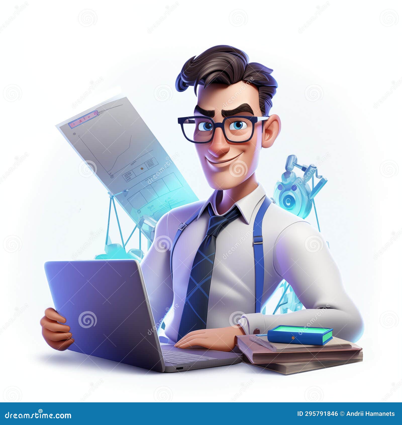 Ambitious Pro it Data Scientist with Laptop and Diagrams, Isolated on ...