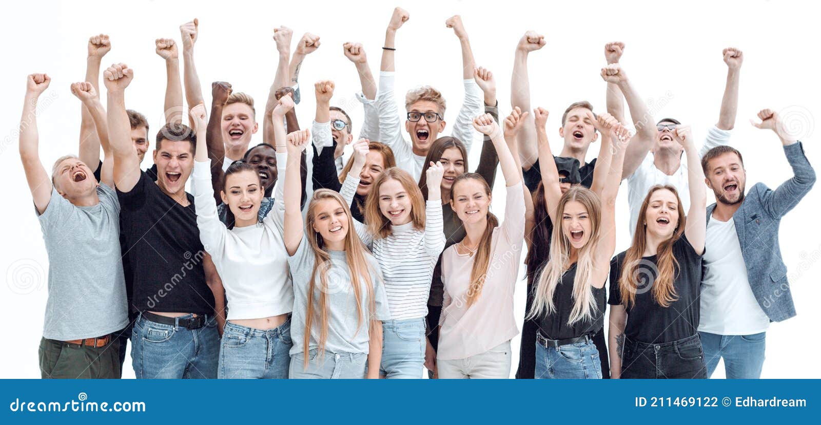 Ambitious Team of Young People with Hands Up Stock Photo - Image of ...