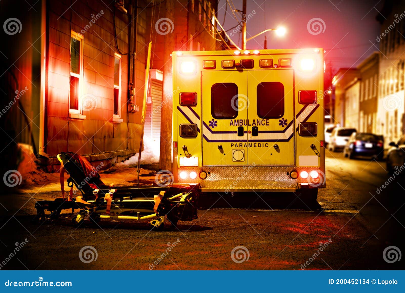 An Ambulance Car Parked on the Side Street at Night Stock Photo - Image ...