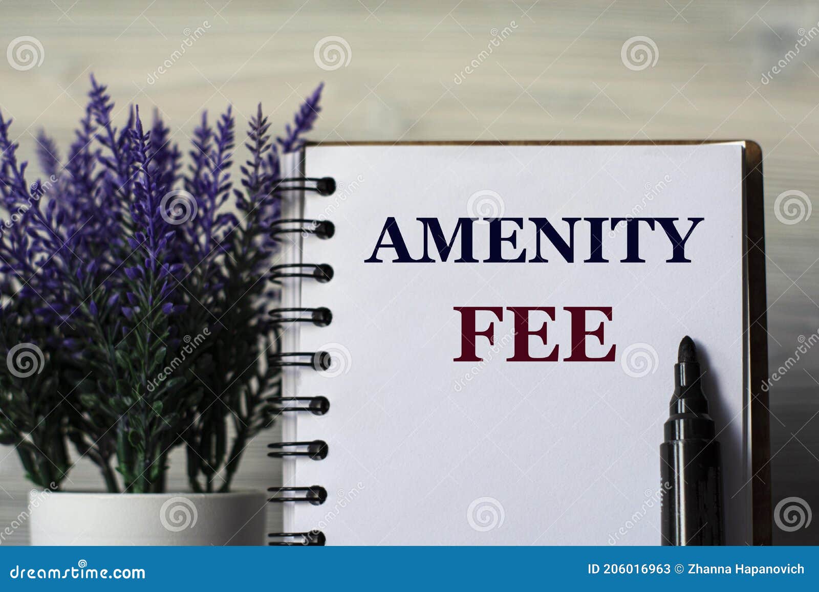 AMENITY FEE - Word in a Notepad with a Marker and a Bouquet of Lavender ...