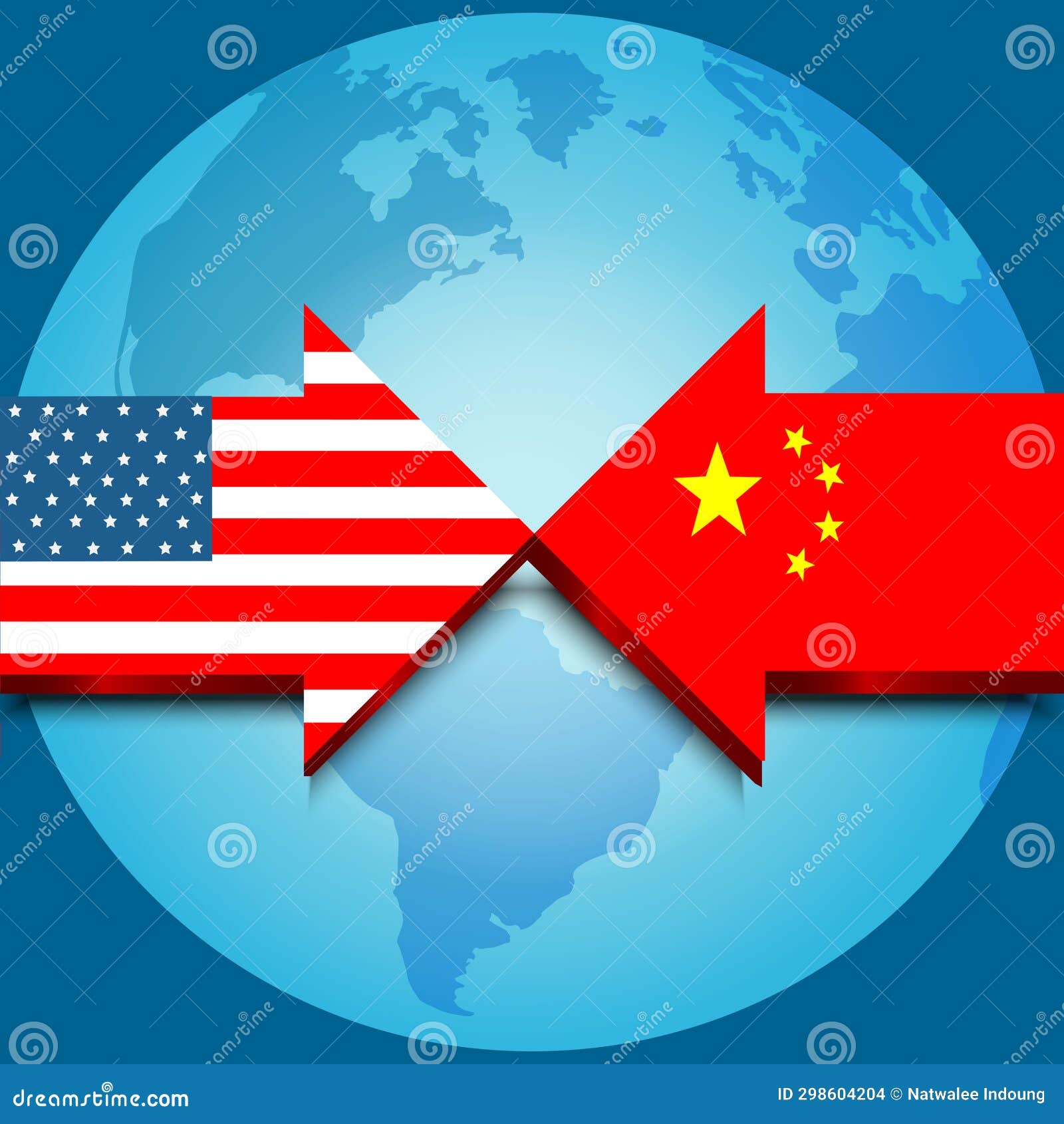 America and China Flags on Gray Color World Map with Different ...
