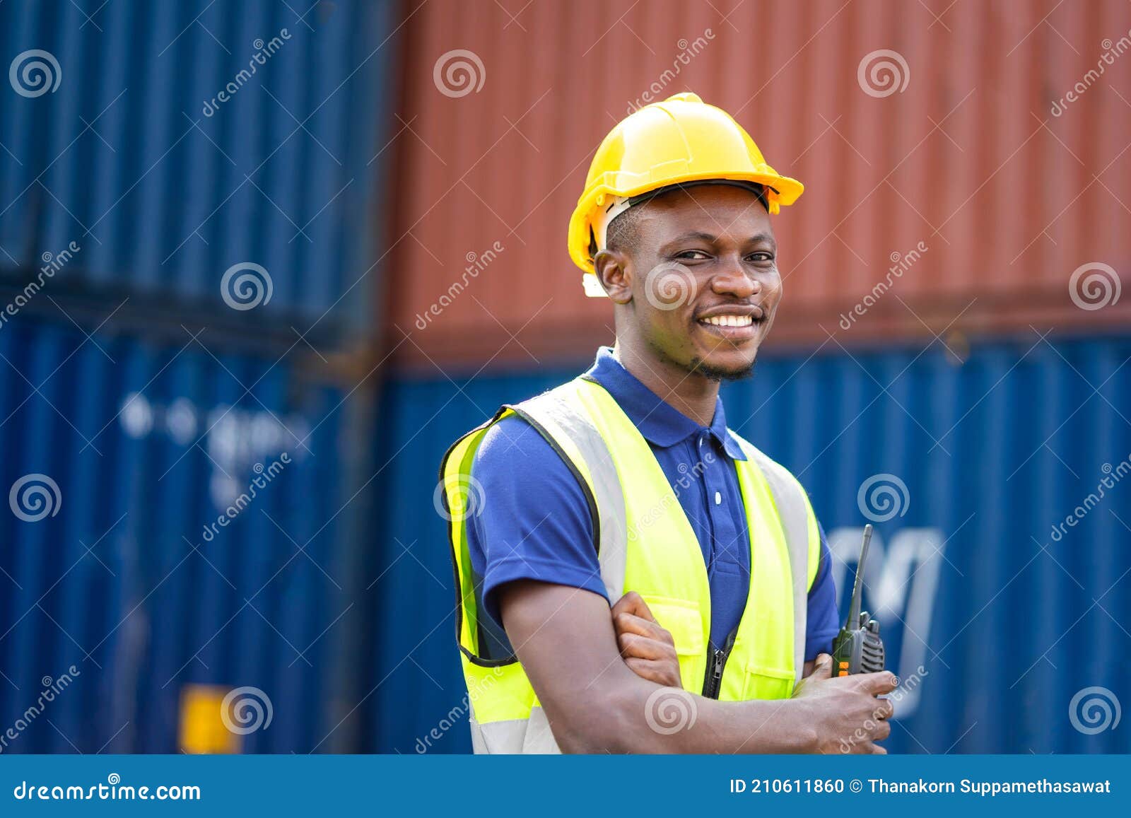 American African Engineer Smiling at Construction Building Background ...