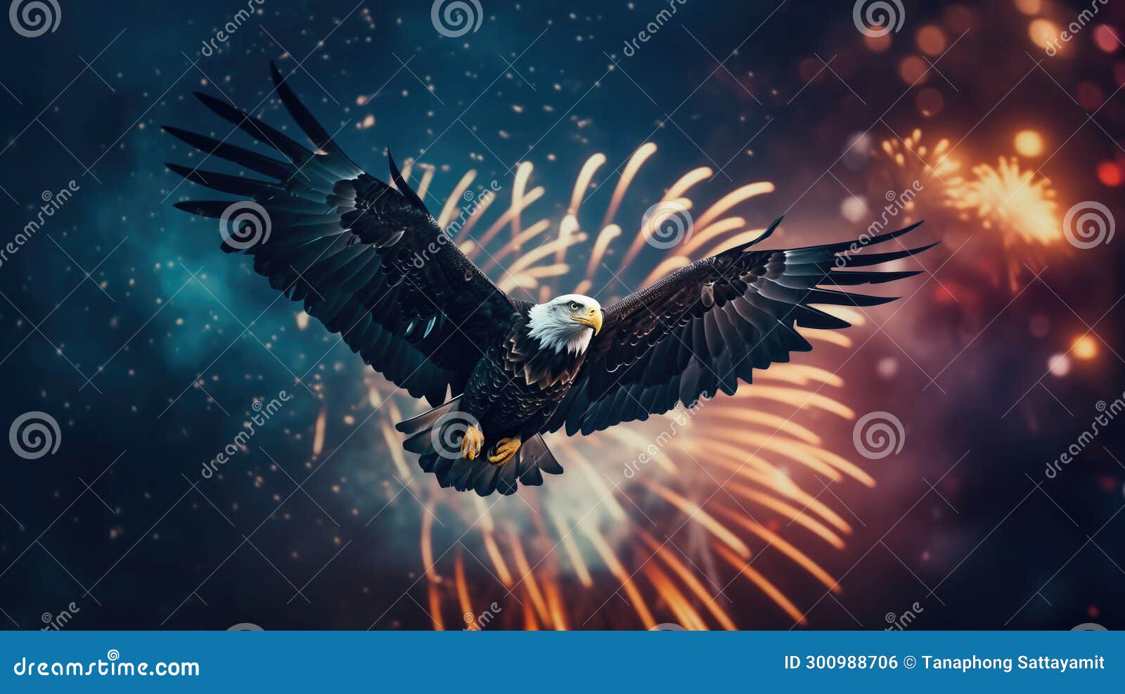 American Bald Eagle Flying with Fireworks in Background Stock Illustration - Illustration of ...