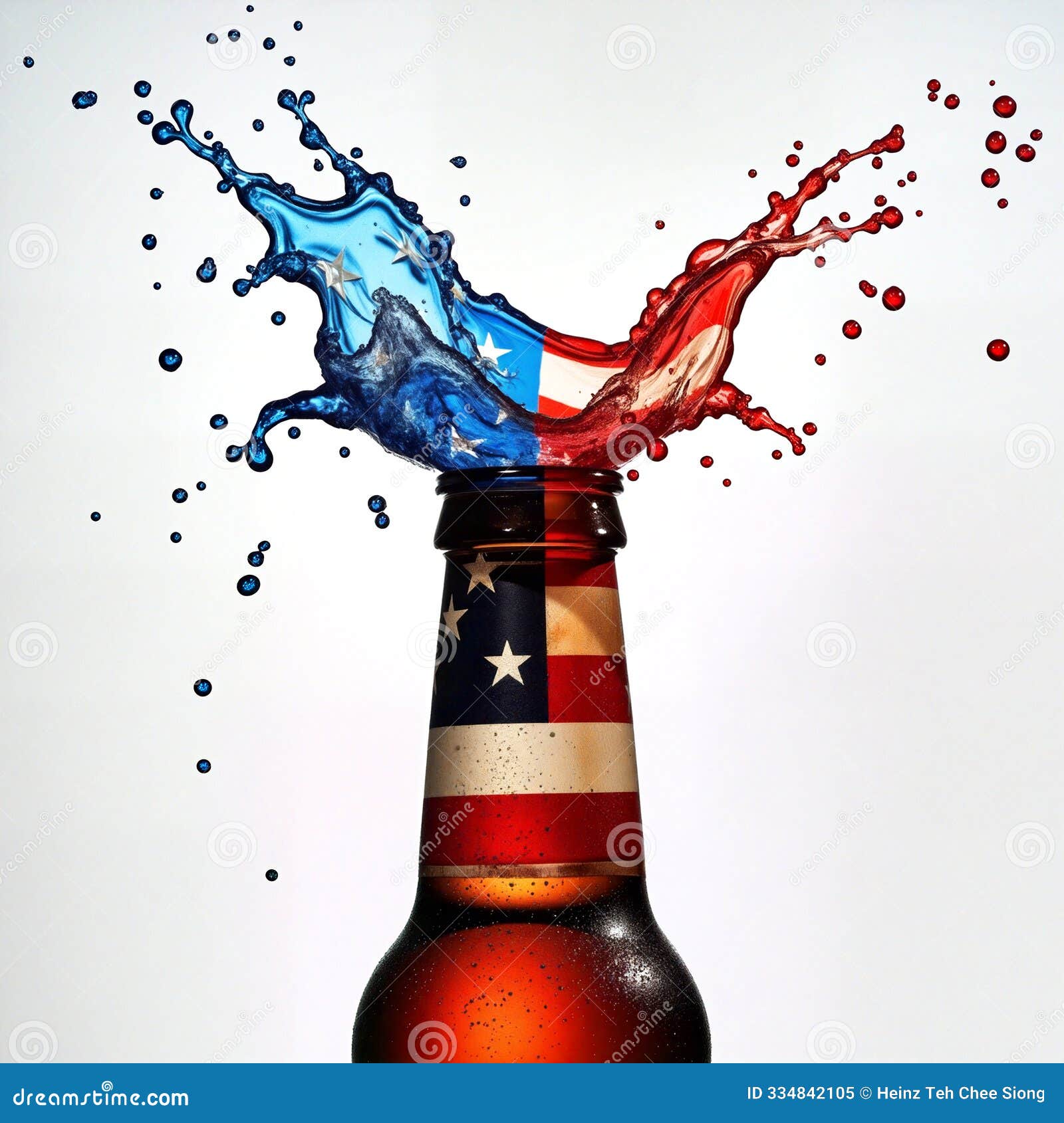 American Beer Bottle Exploding with Red White and Blue Splash Stock ...
