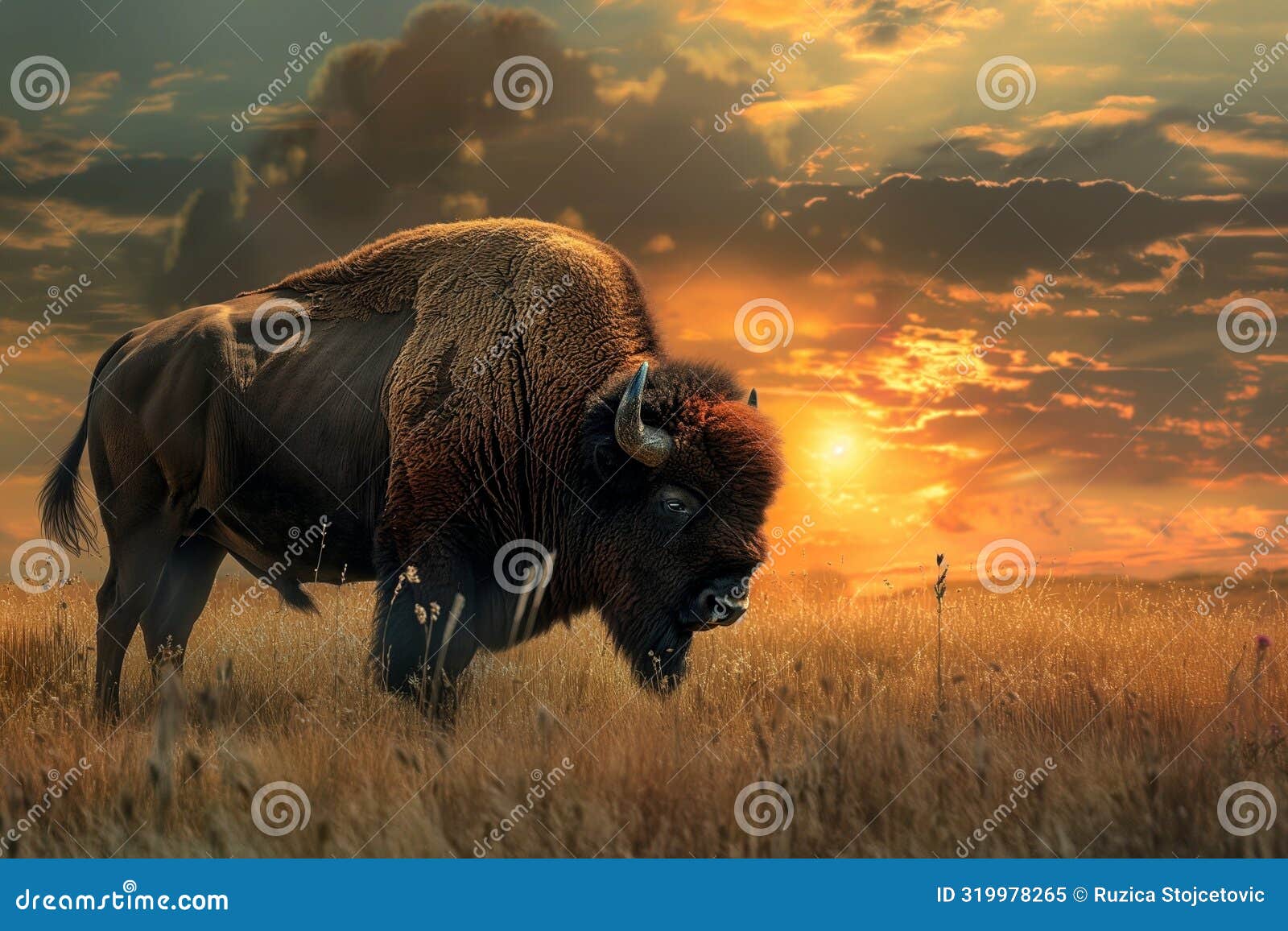 American Bison - Buffalo at Sunset Ai Photo Stock Illustration - Illustration of silhouette ...