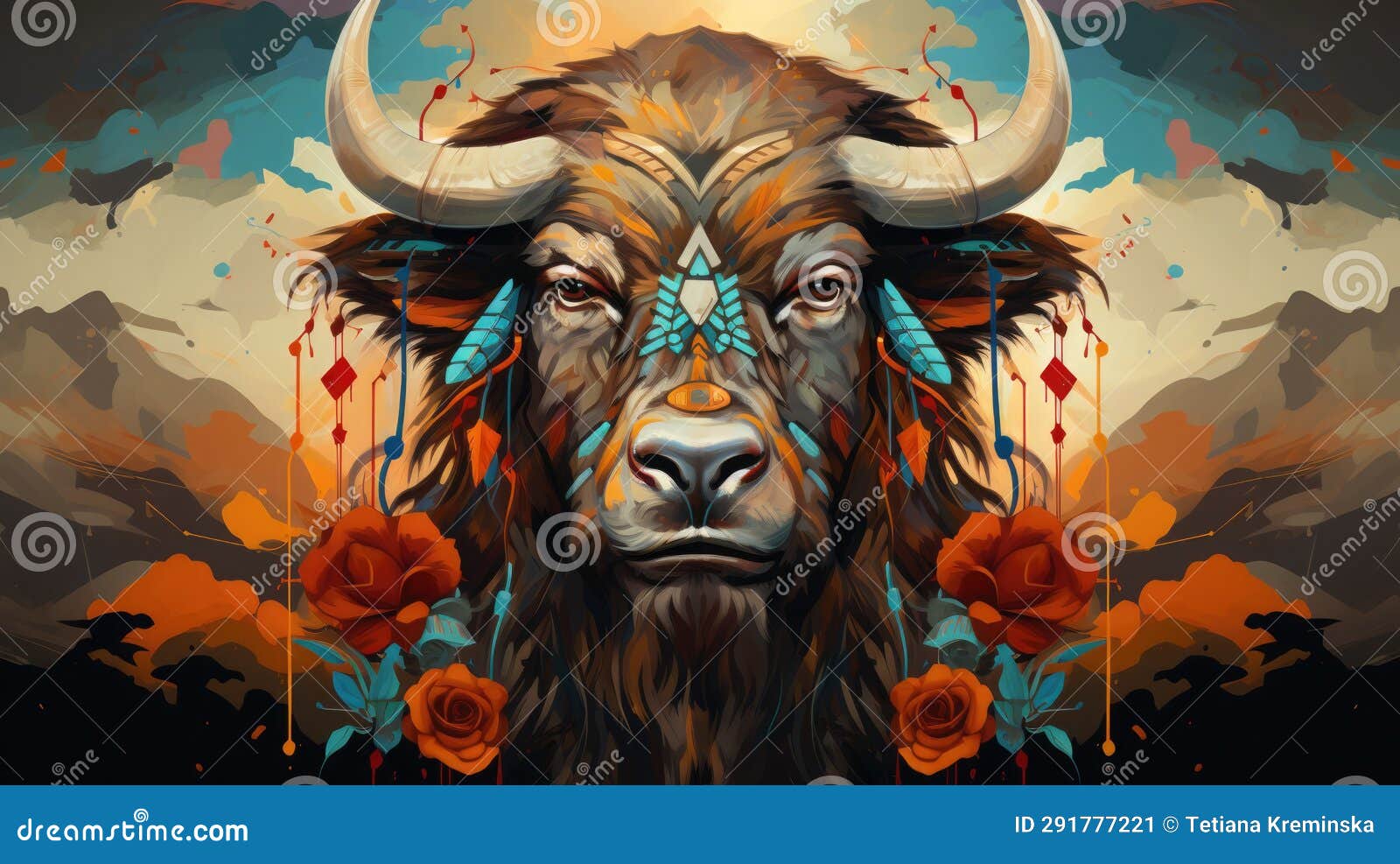 American Bison with Native American Tribal Patterns Stock Illustration ...