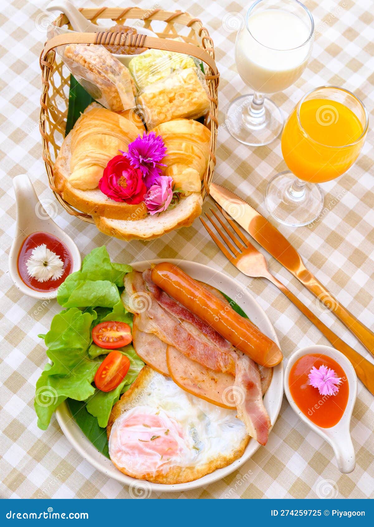 American Breakfast with Eggs, Bread,bacon,milk, Coffee and Orange Juice ...