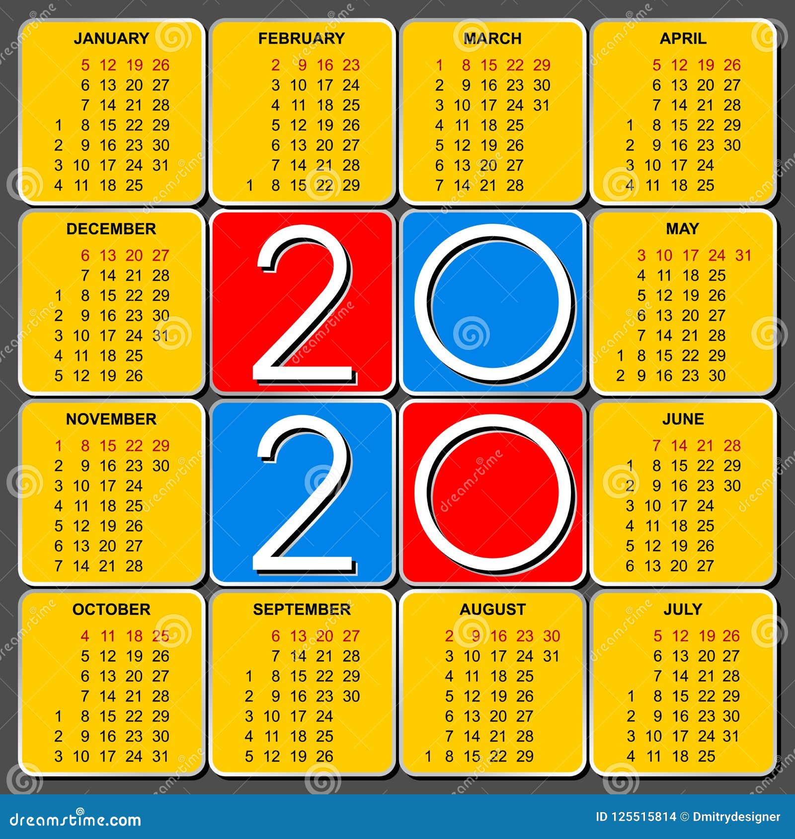 American Calendar Grid for 2020 Stock Vector - Illustration of 2020 ...