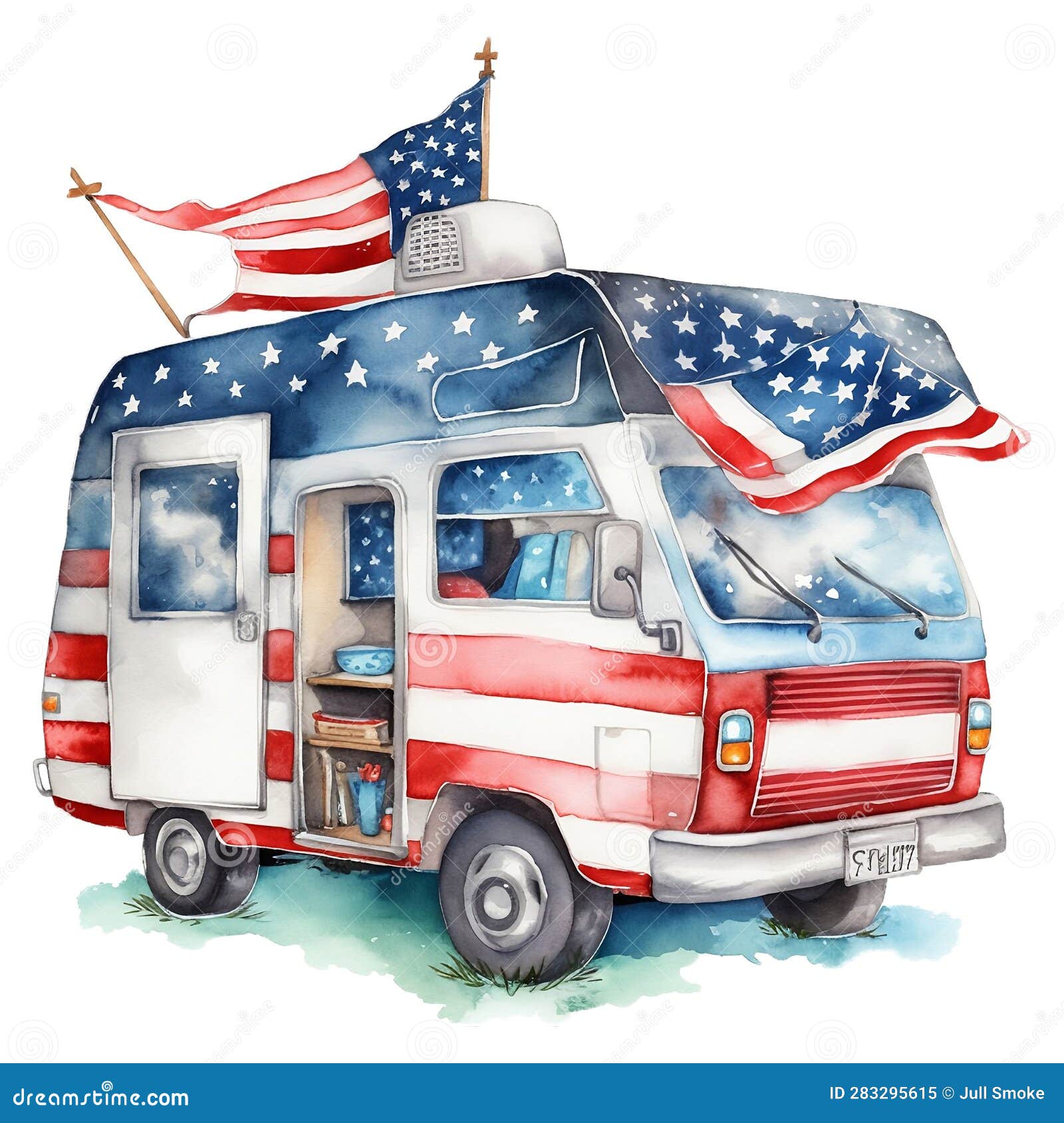American Camper Car Happy 4th of July Watercolor Stock Illustration ...