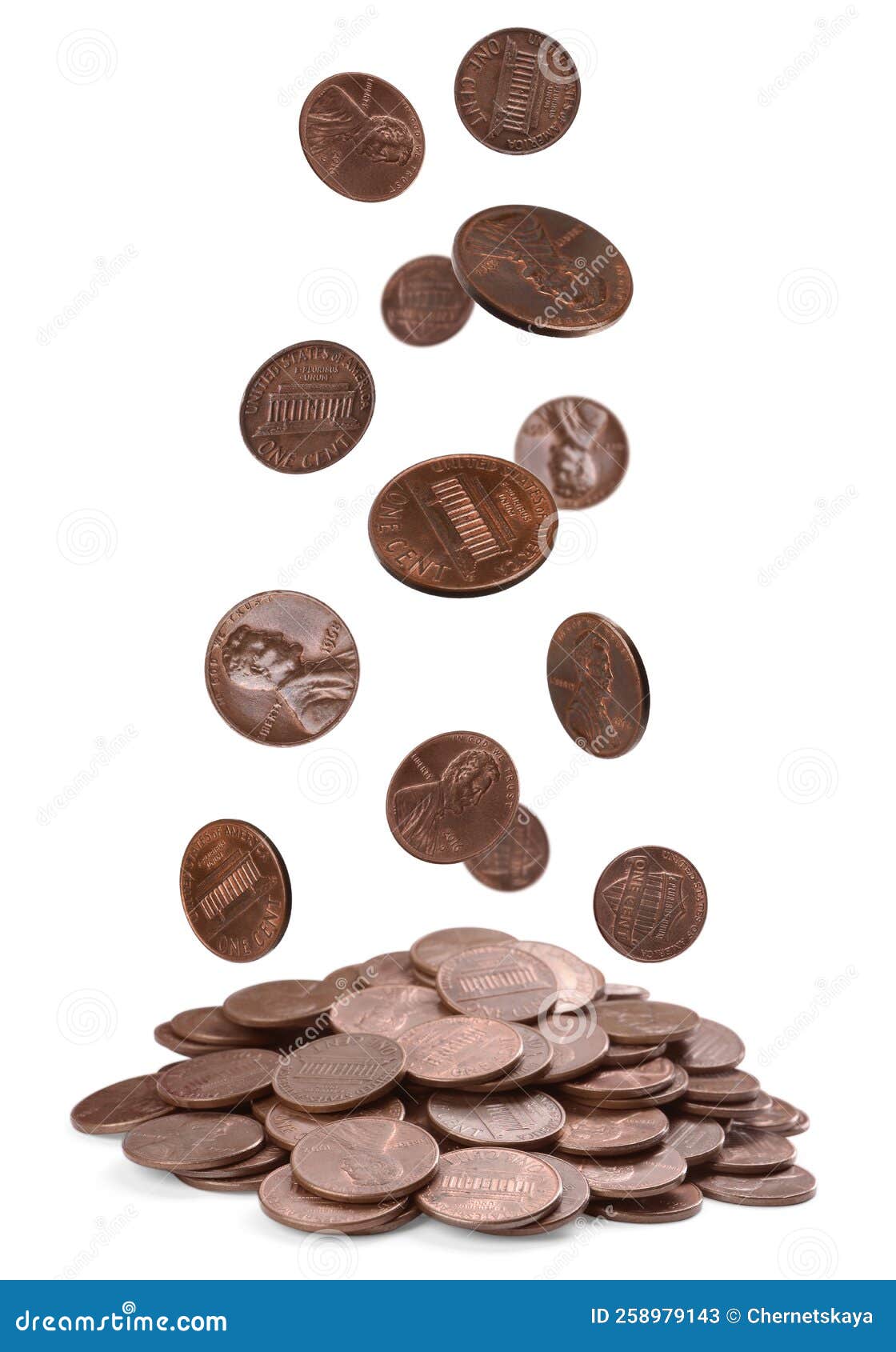 American Cent Coins Falling into Pile on White Background Stock Image ...