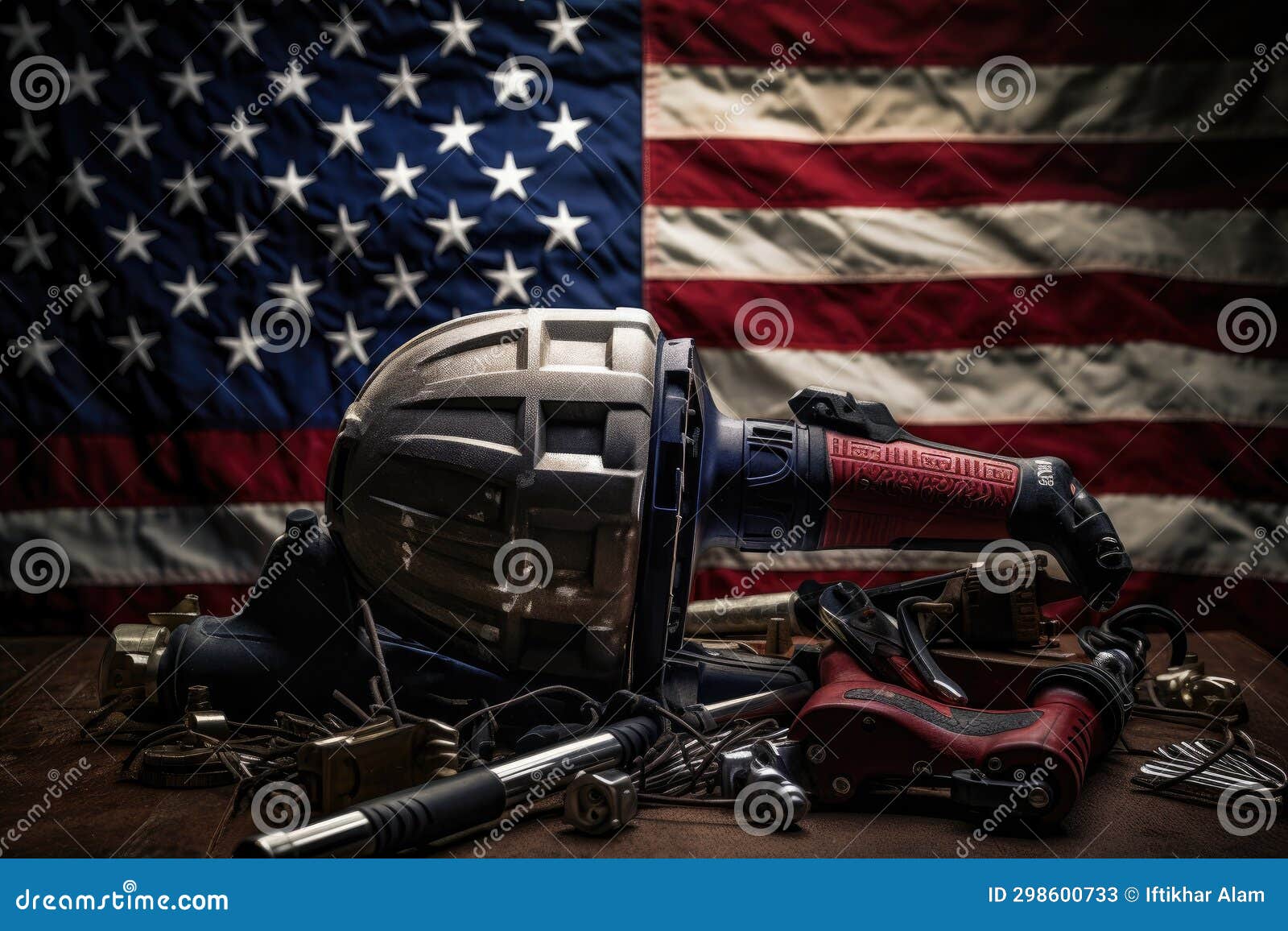 American Construction Tools on the US Flag Background. Selective Focus, Construction and ...