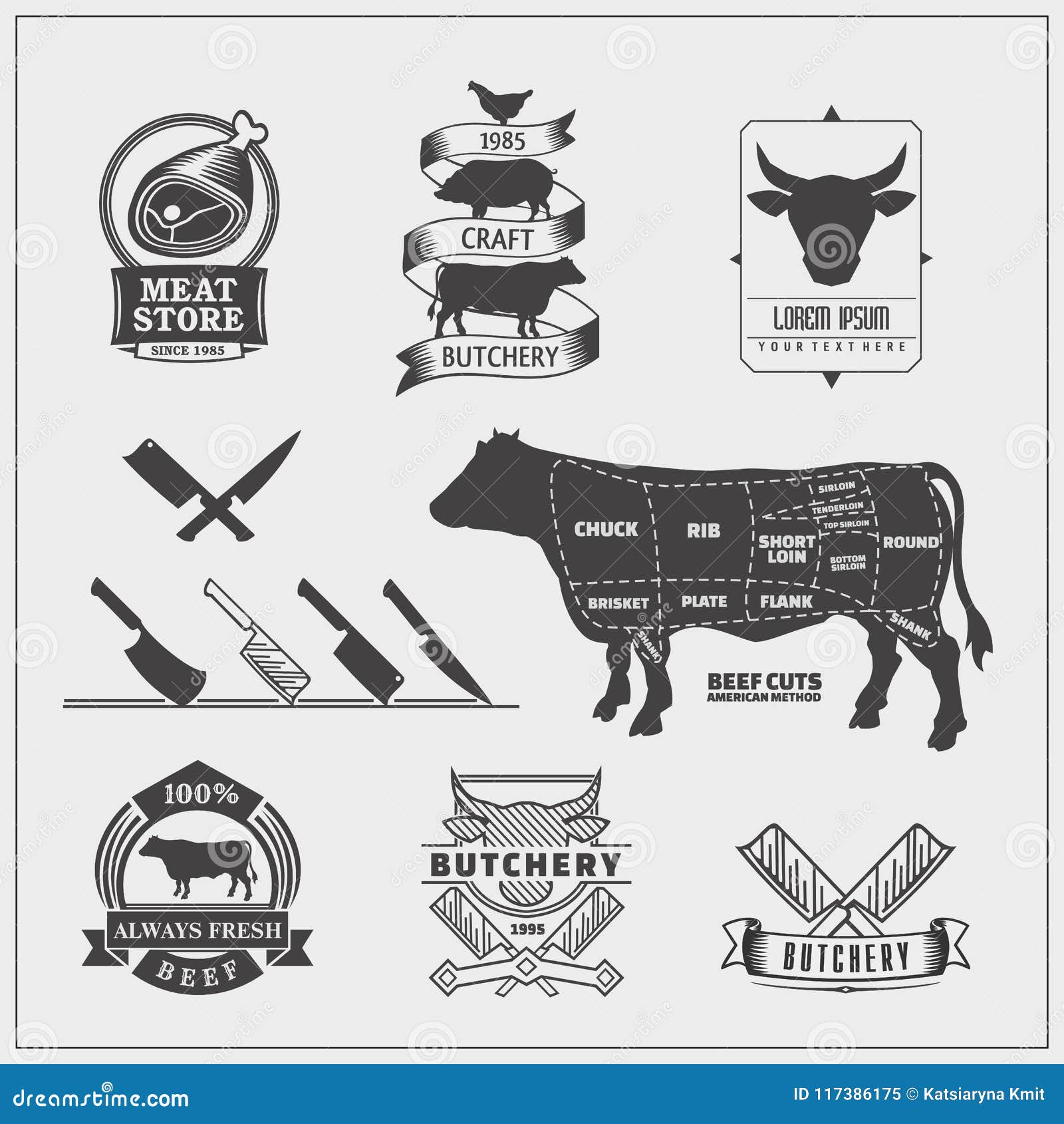 American Cuts of Beef. Set of Beef Logos, Labels, Knives and Design ...