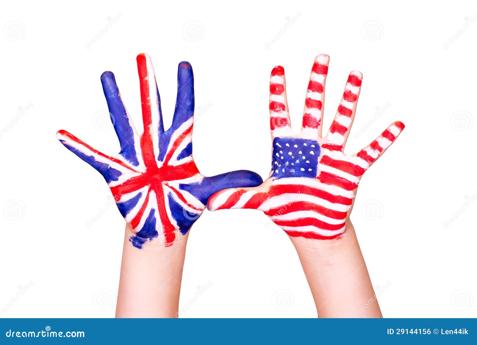 American and English Flags on Hands. Stock Photo - Image of american ...