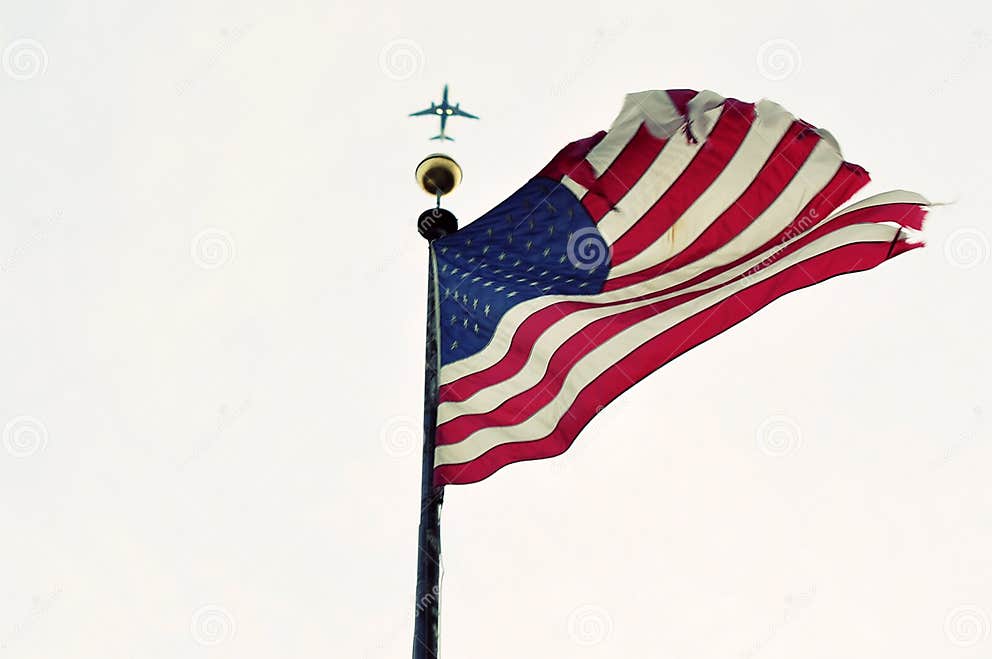 American Flag with an Airplane Stock Photo - Image of flying ...