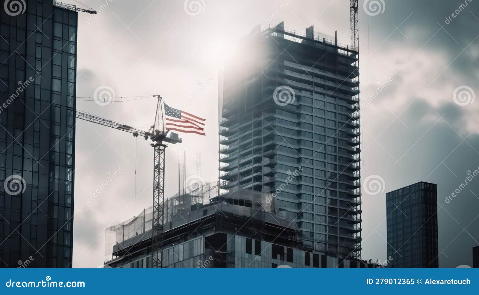 American Flag on the Background of the Construction of High-rise ...
