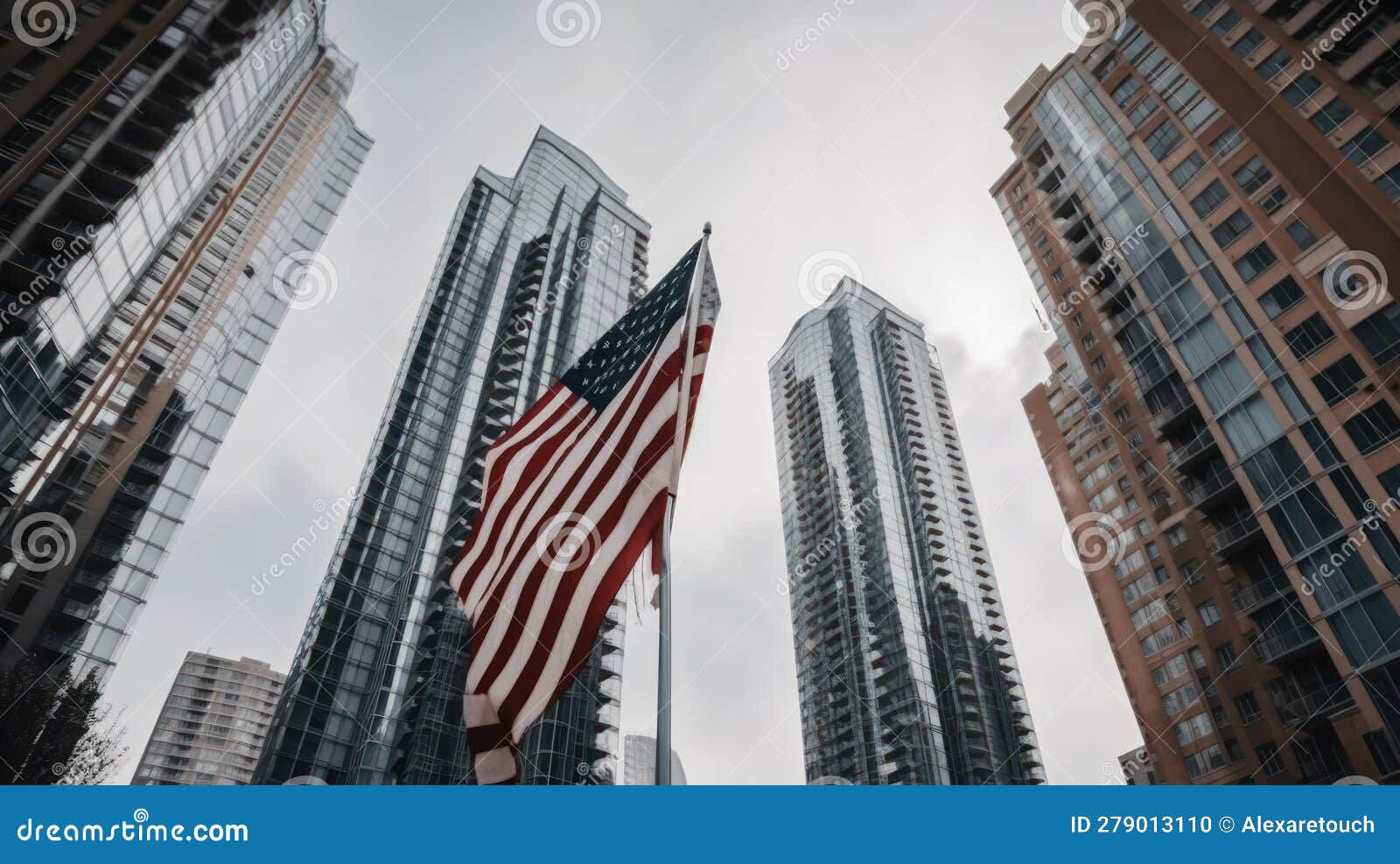 American Flag on the Background of the Construction of High-rise ...