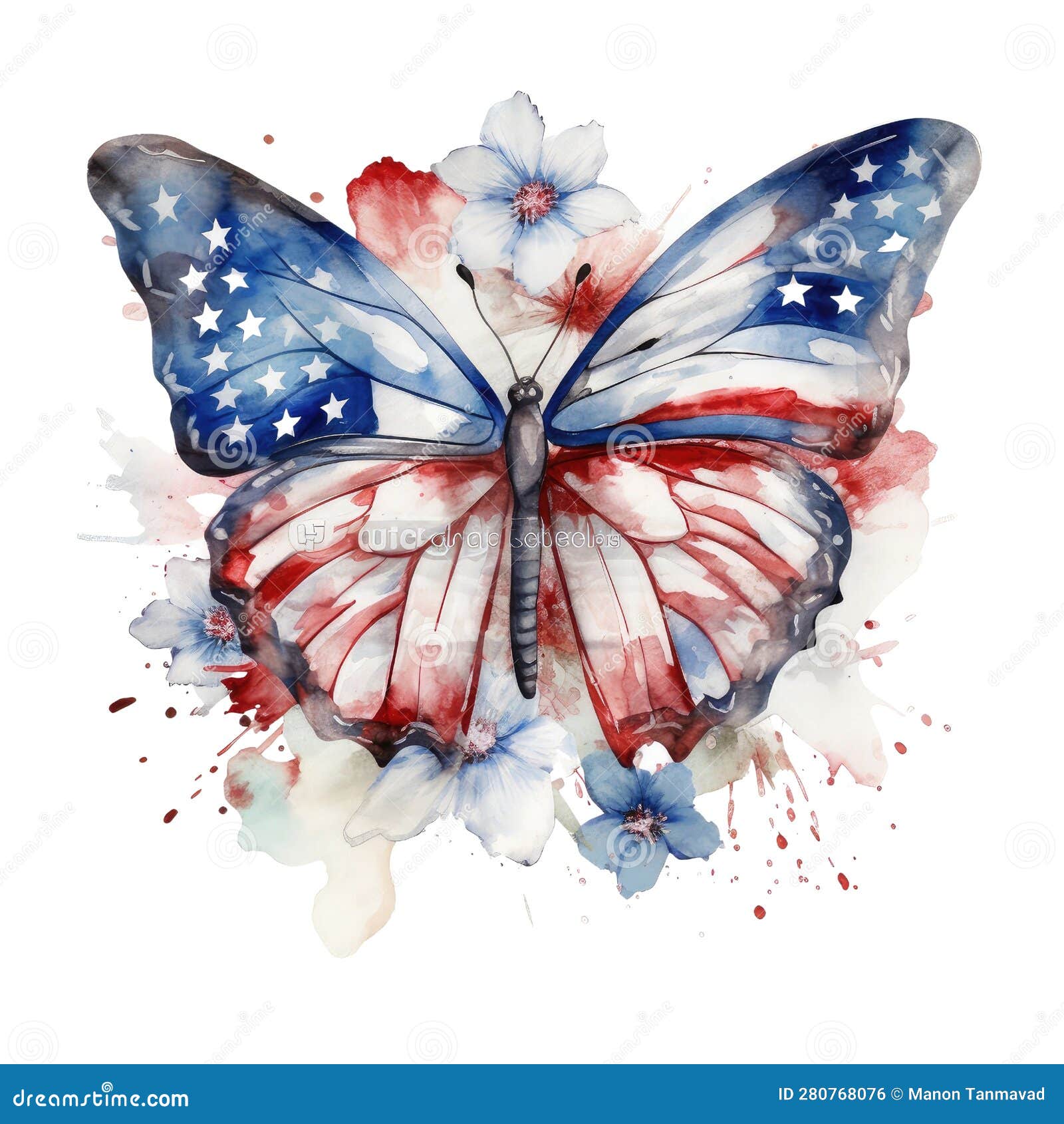 American Flag Butterfly and Flower Independence Day Watercolor Stock ...