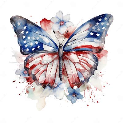 American Flag Butterfly and Flower Independence Day Watercolor Stock ...