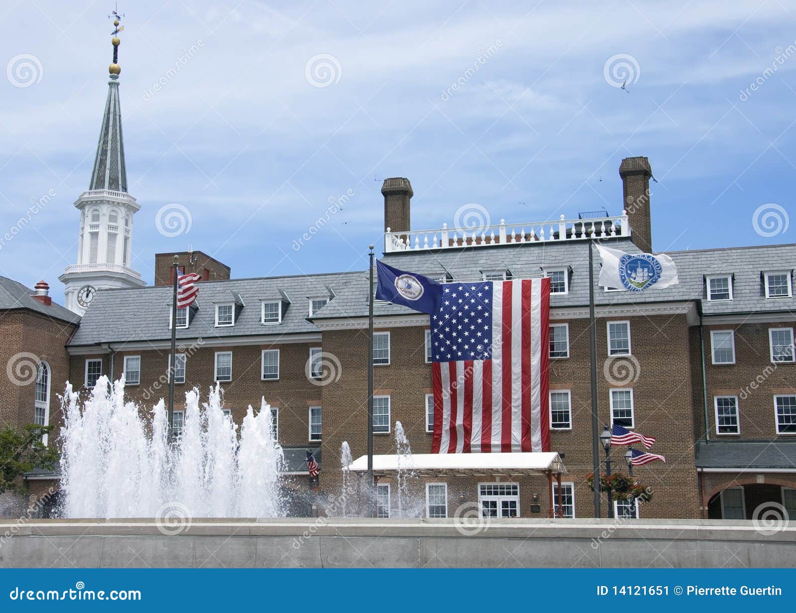 American Flag and City Hall Building Stock Image - Image of tower ...