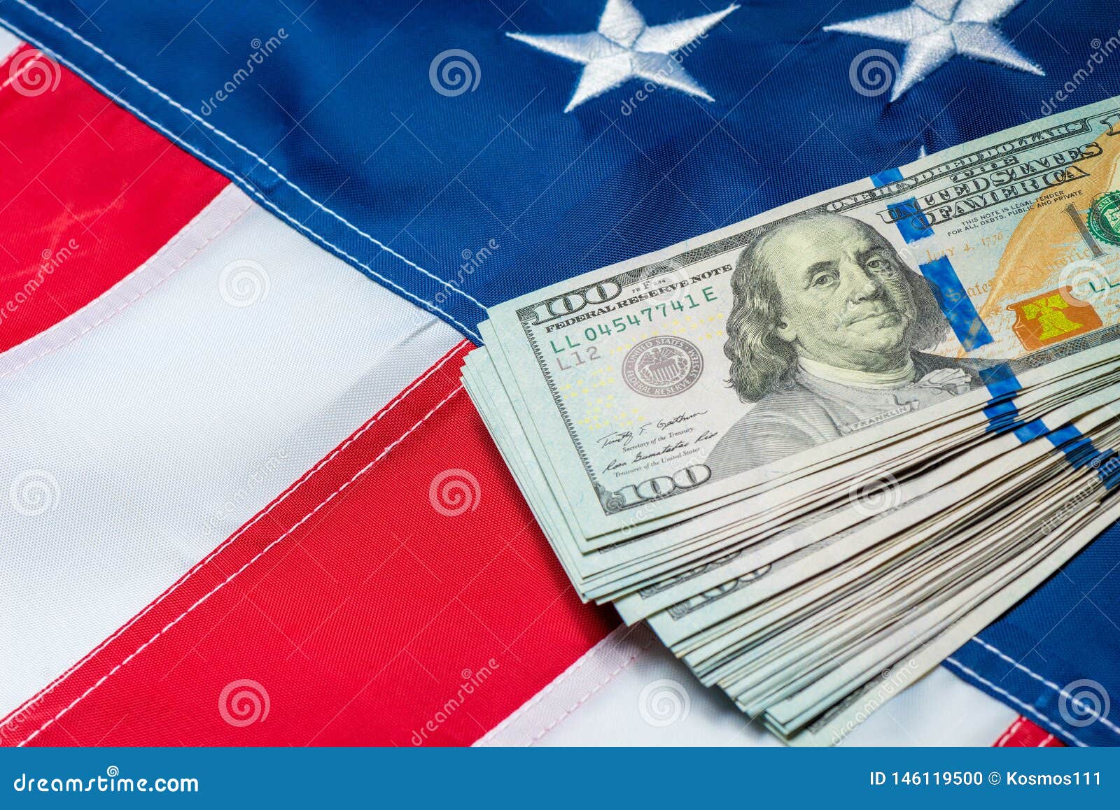 American Flag Closeup and a Bunch of 100 Dollar Stock Photo - Image of ...
