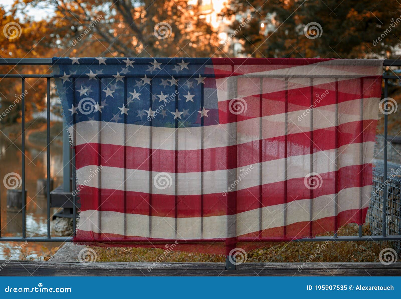 American Flag Fabric Hanging on the Terrace Railing Stock Image - Image ...