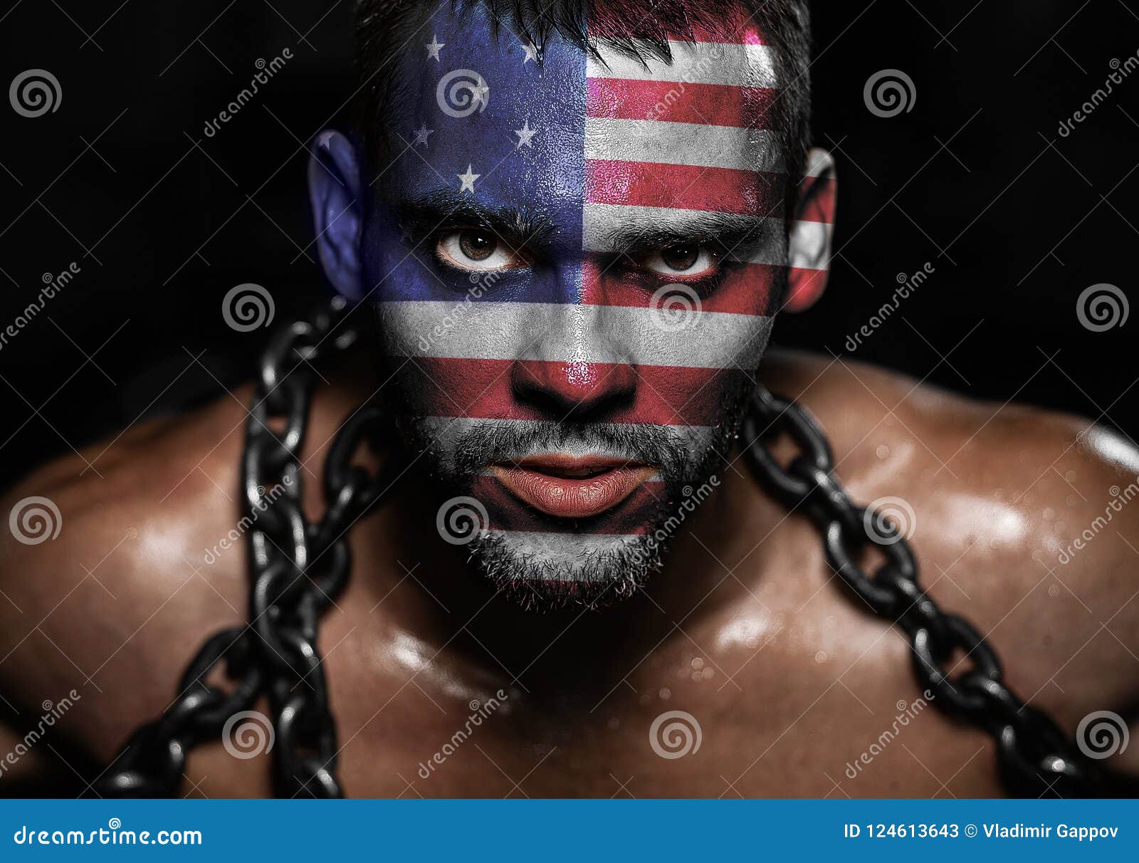 American Flag on the Face of a Young Man in Chains Stock Image - Image ...