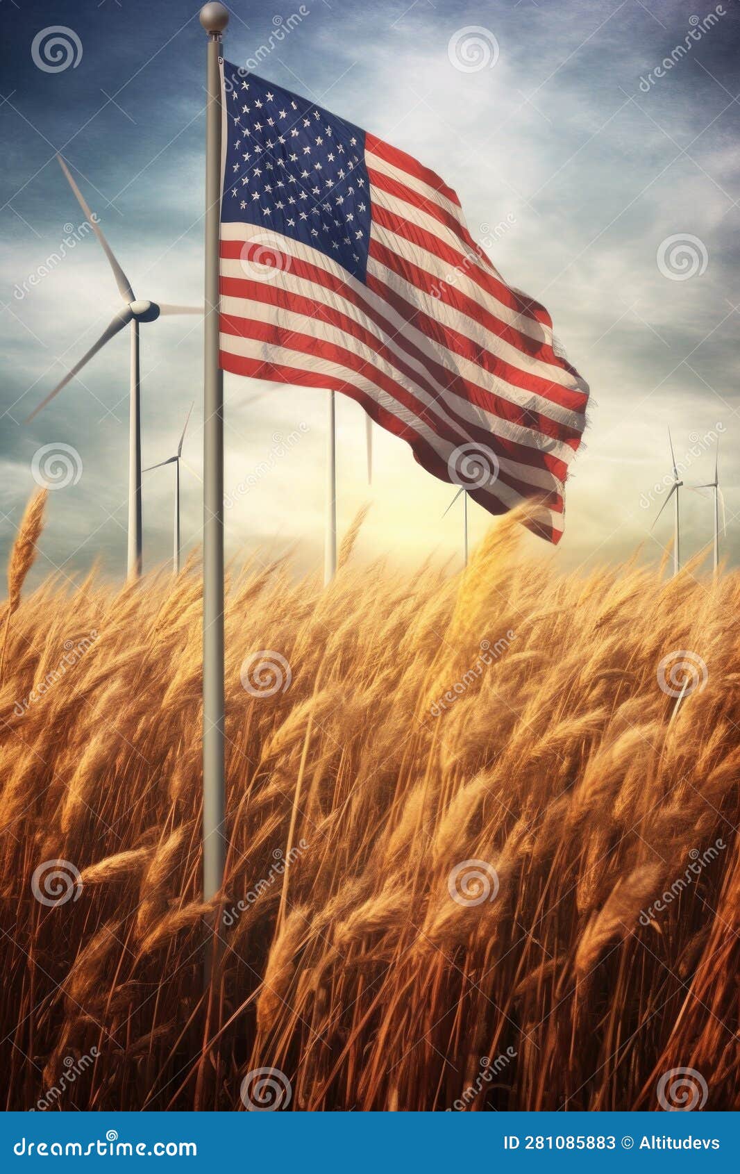 American Flag in Field with Wind Turbines Stock Image - Image of ...