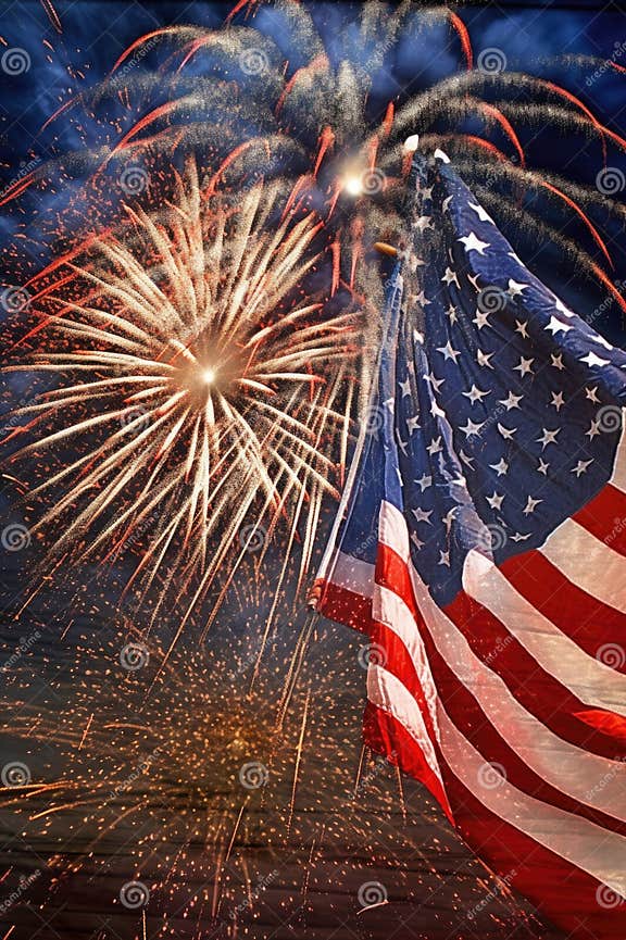 American Flag and Fireworks Display during a Celebration Stock ...