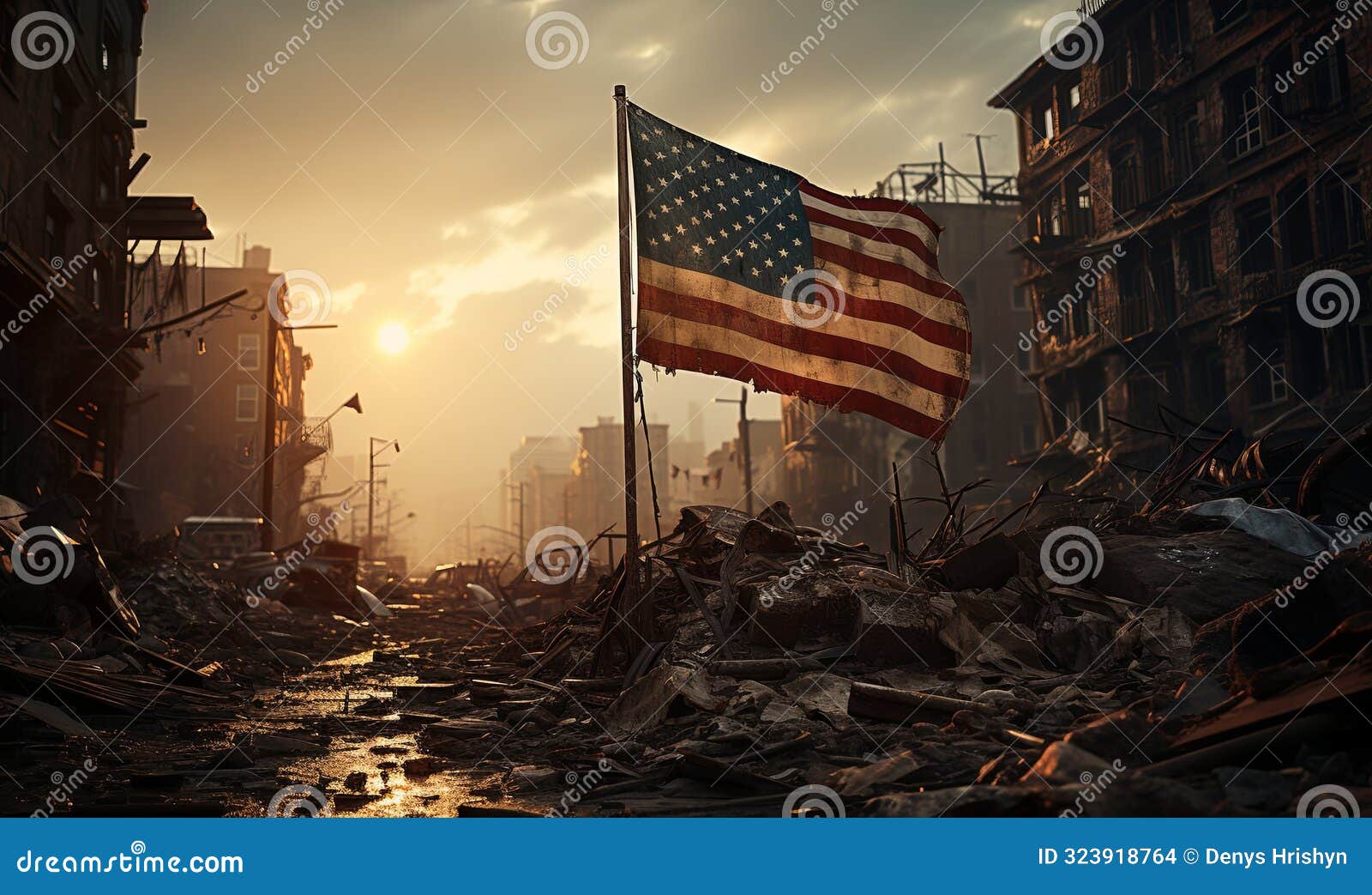American Flag Flying in Destroyed City Stock Photo - Image of ...