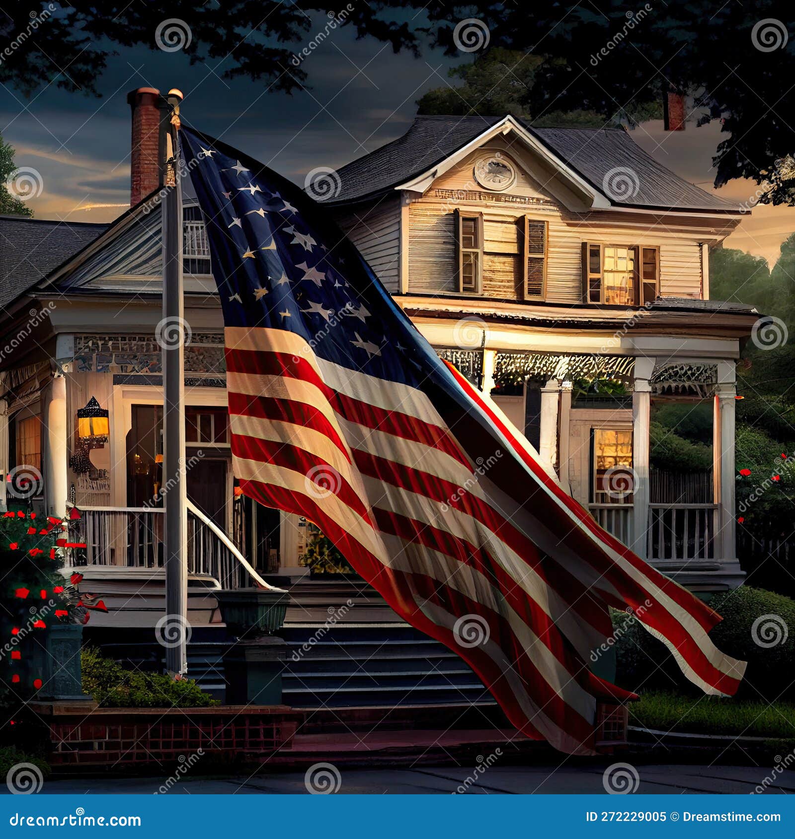 An American Flag in Front of a House Stock Image - Image of downtown ...