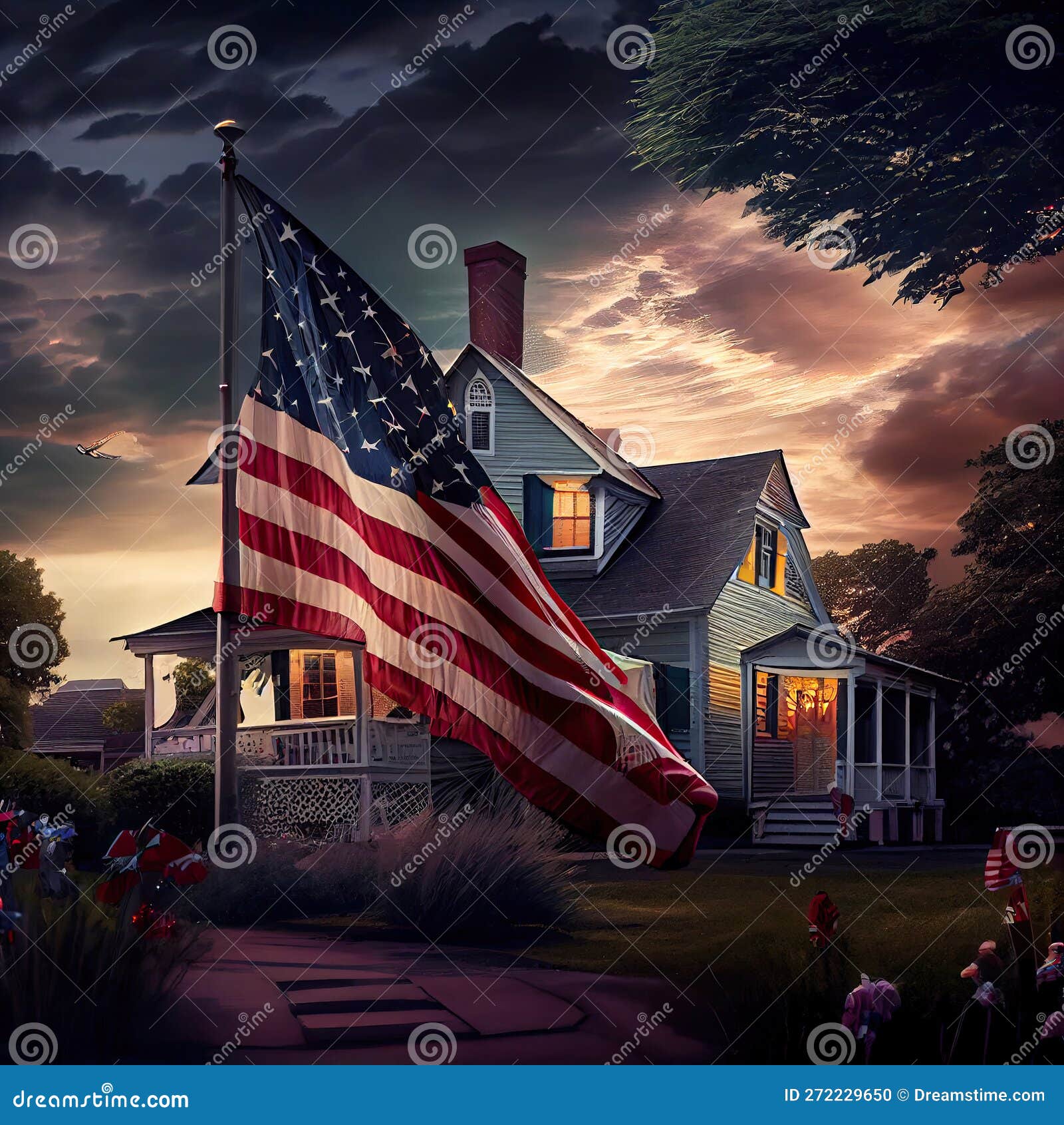 An American Flag In Front Of A House Stock Illustration Illustration