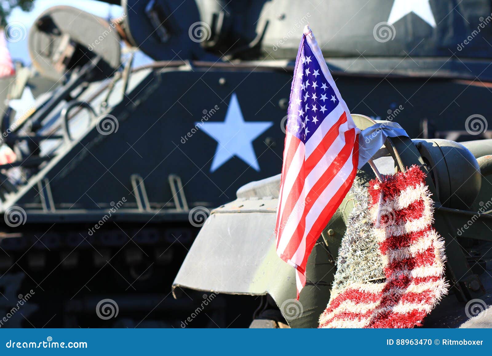 American Flag in Front of Tank Stock Photo - Image of battlefield ...
