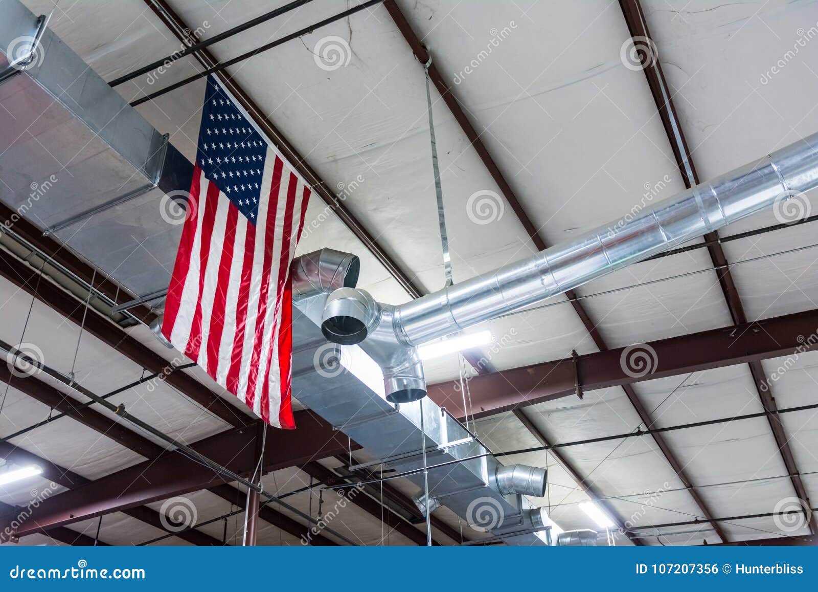 American Flag Hanging Proudly in Workshop Printing Production Fa Stock ...