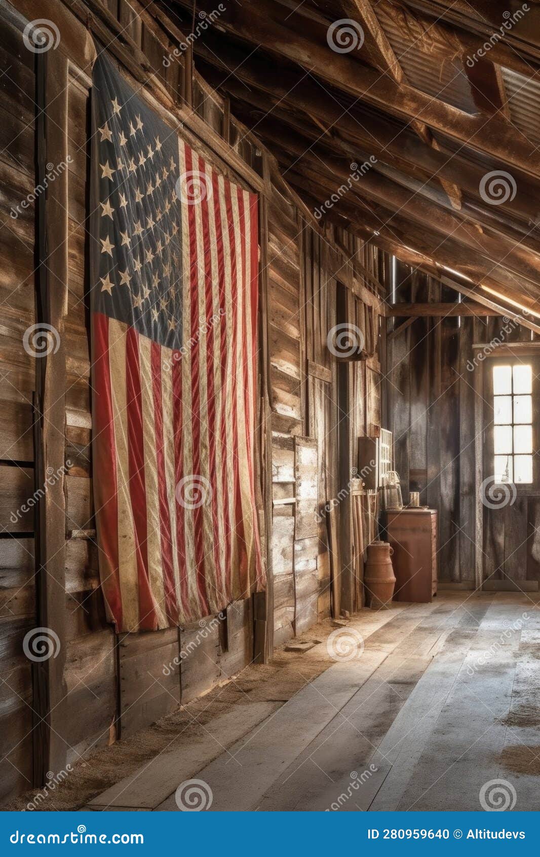 American Flag Hanging Vertically on a Rustic Barn Wall Stock ...