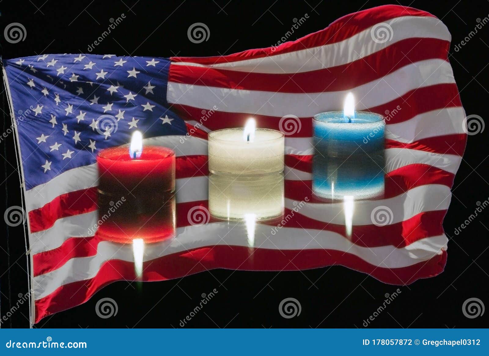 American Flag with Lighted Red, White and Blue Candles on a Black ...