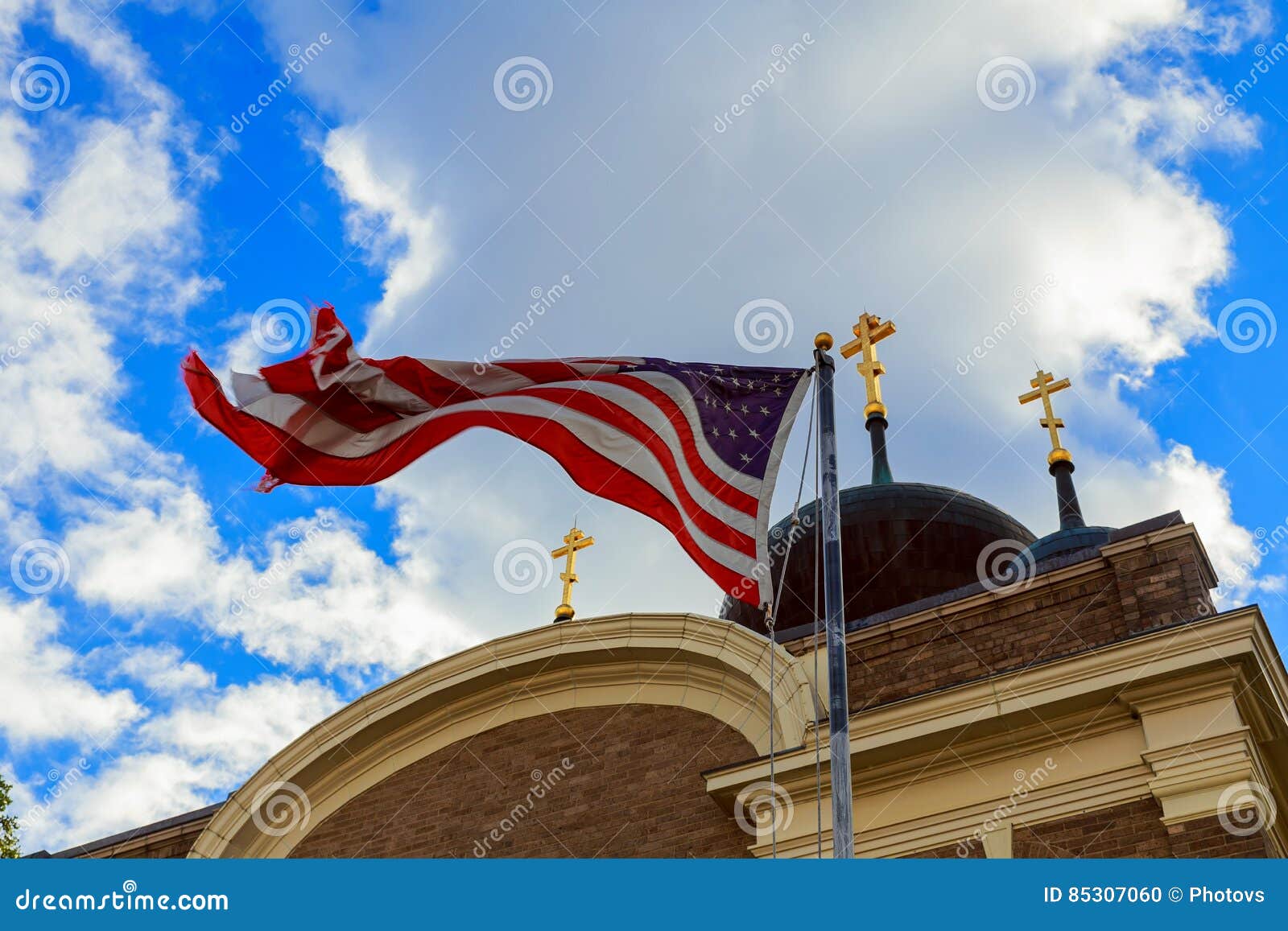 American Flag and Old Church Steeple Reflect Separation of State Stock ...