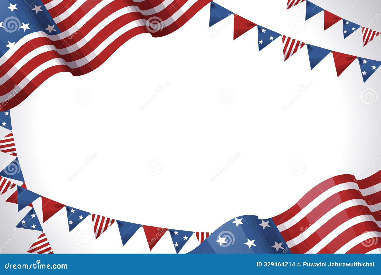 American Flag and Pennant Flag on Border of White Background . Vector ...