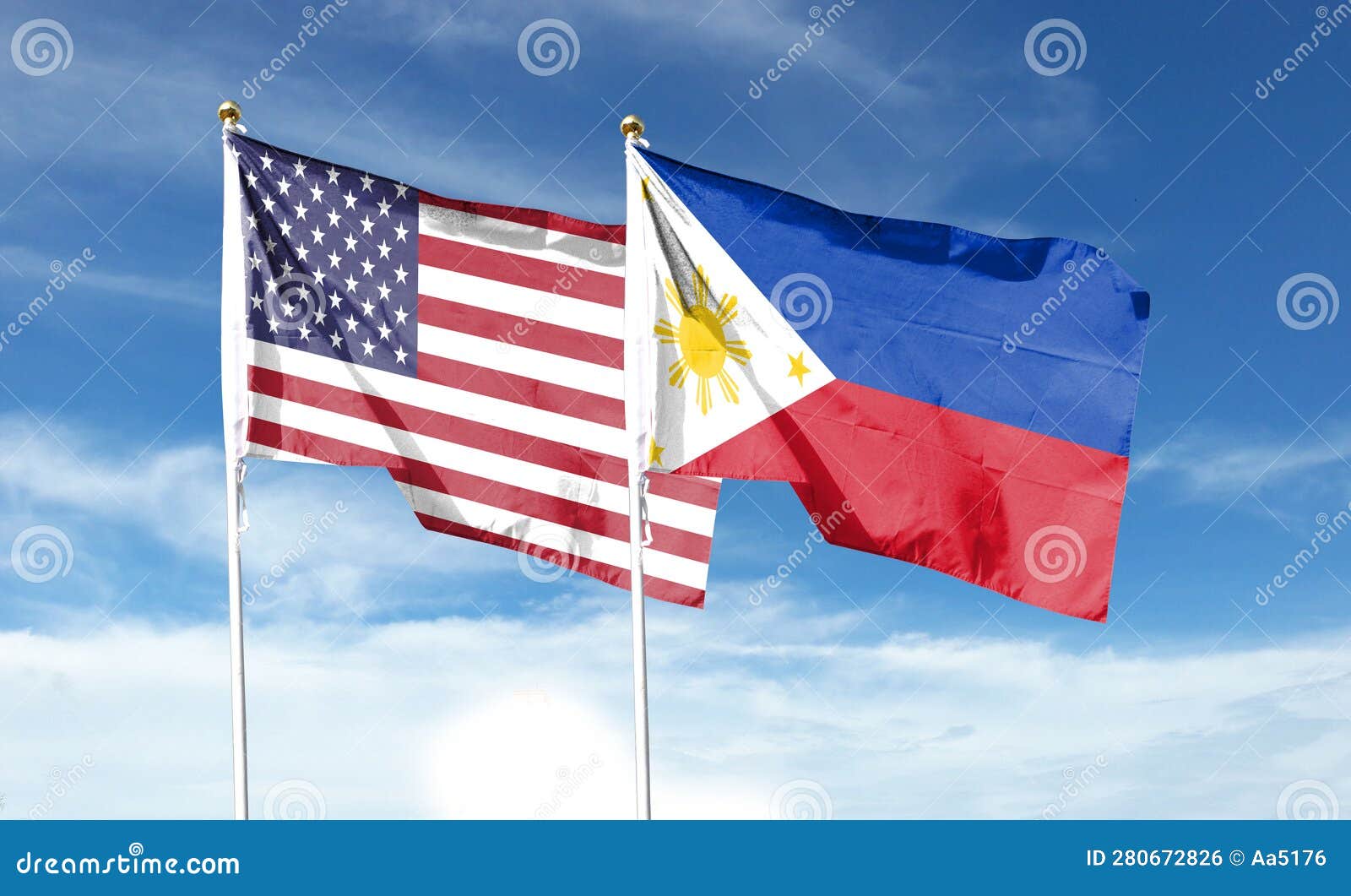 American Flag and Philippine Flag on Cloudy Sky. Stock Illustration ...