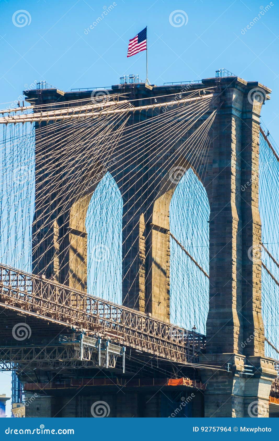 American Flag on Top of Brooklyn Bridge New York Stock Photo - Image of ...