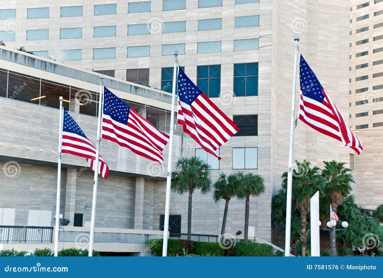 American Flags and Business Buildings Stock Photo - Image of modern ...