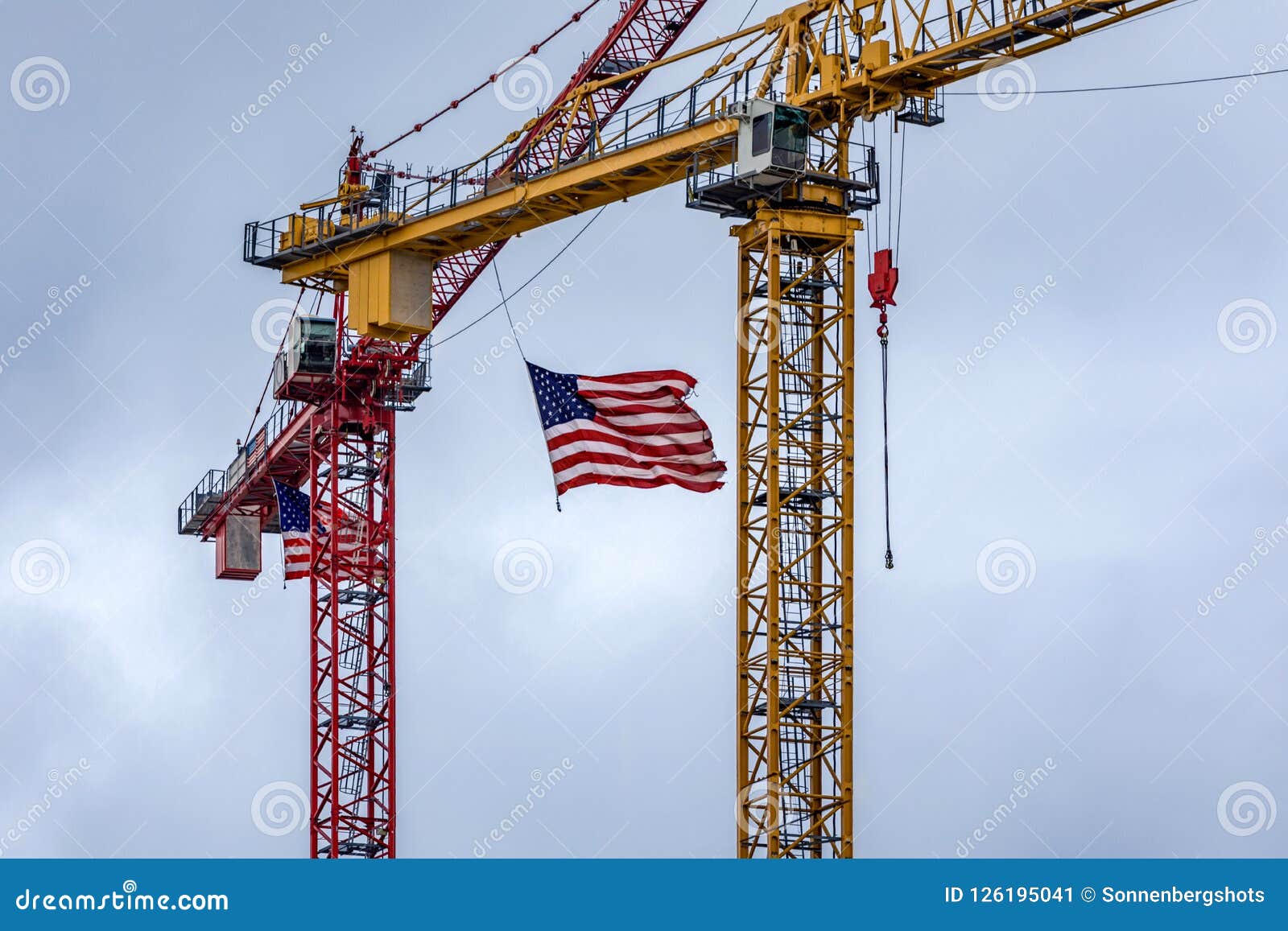 American Flags Flying on Construction Cranes Stock Image - Image of ...