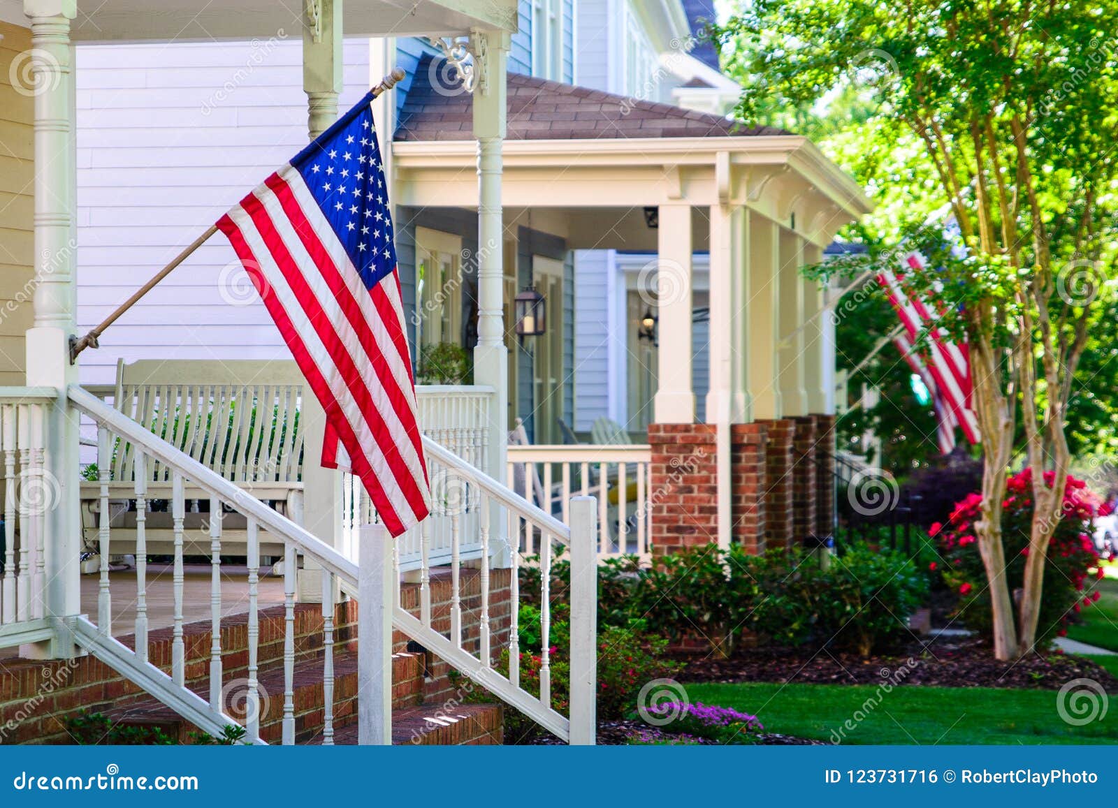 American Flags on Front Porches Stock Photo - Image of american, town ...