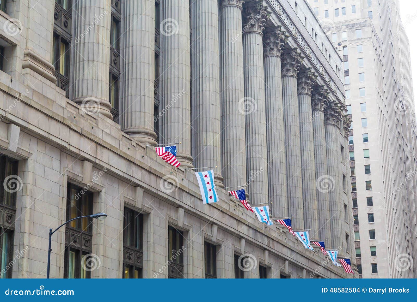 American Flags Under Stone Columns Stock Photo - Image of exterior ...