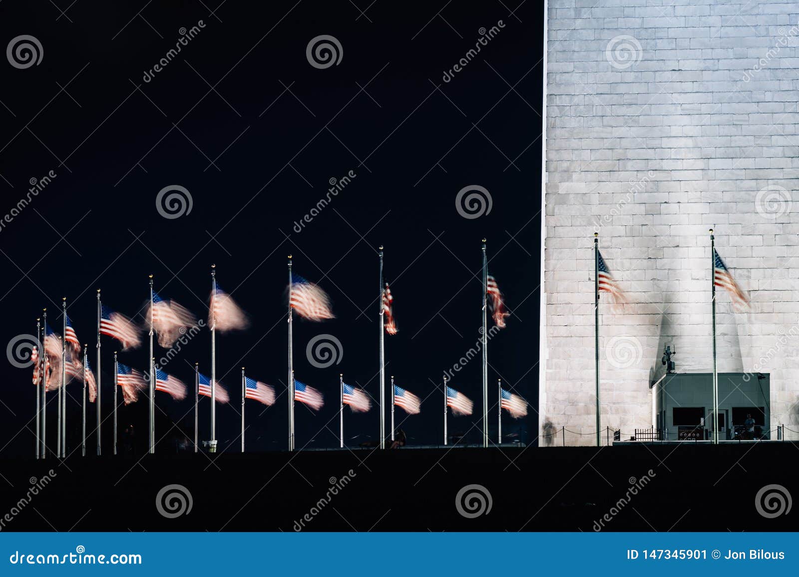 American Flags and Washington Monument at Night, in Washington, DC ...
